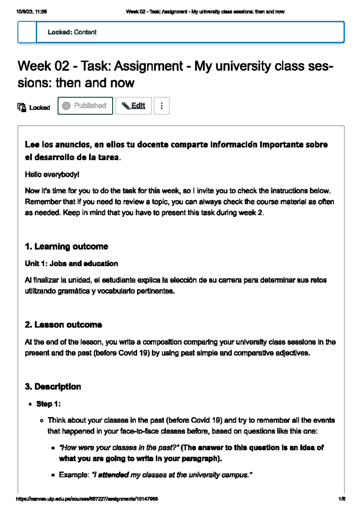 Week 02 - Task Assignment - My university class sessions -then and now removed - Ingles - Studocu
