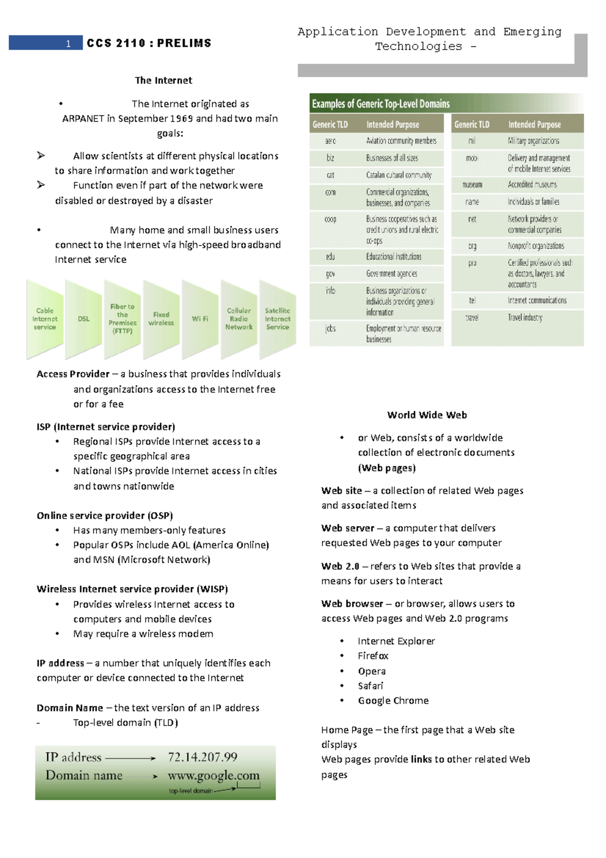 CCS 2110 (prelims reviewer) - The Internet The Internet originated as ...