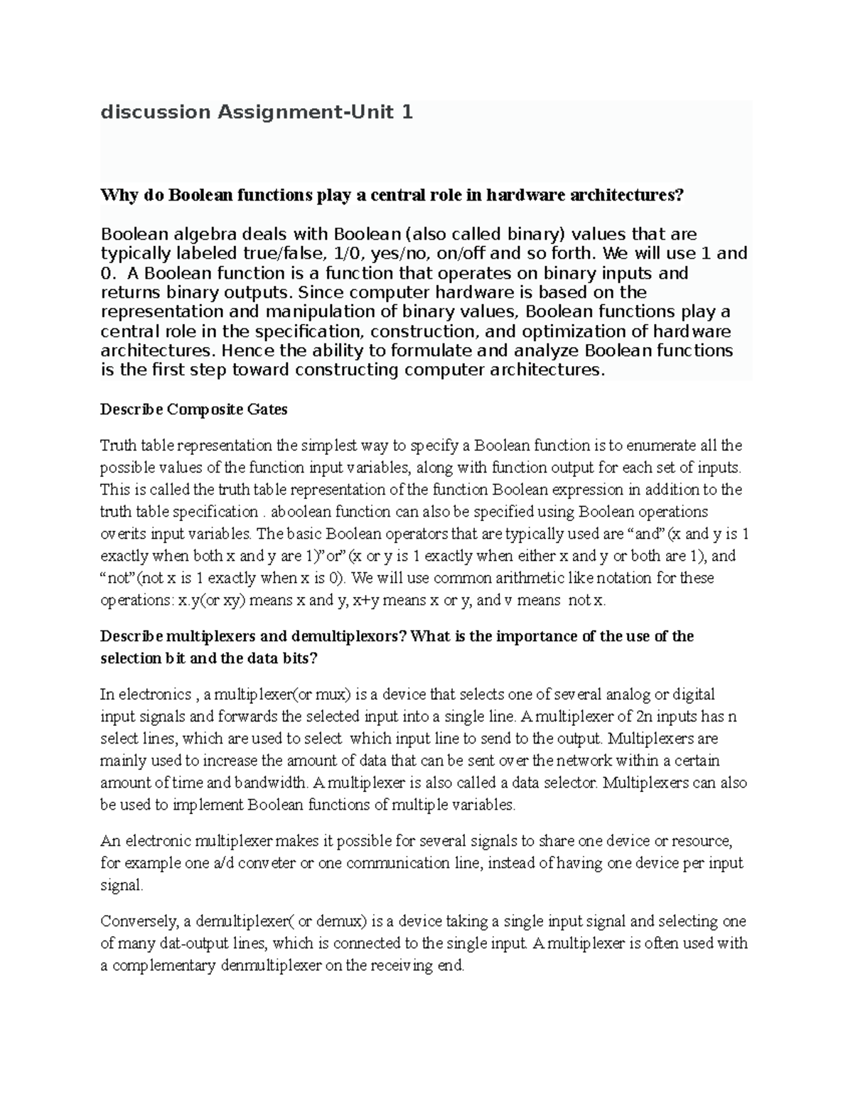 Discussion Assignment 1 Discussion Assignment Unit 1 Why Do Boolean Functions Play A Central