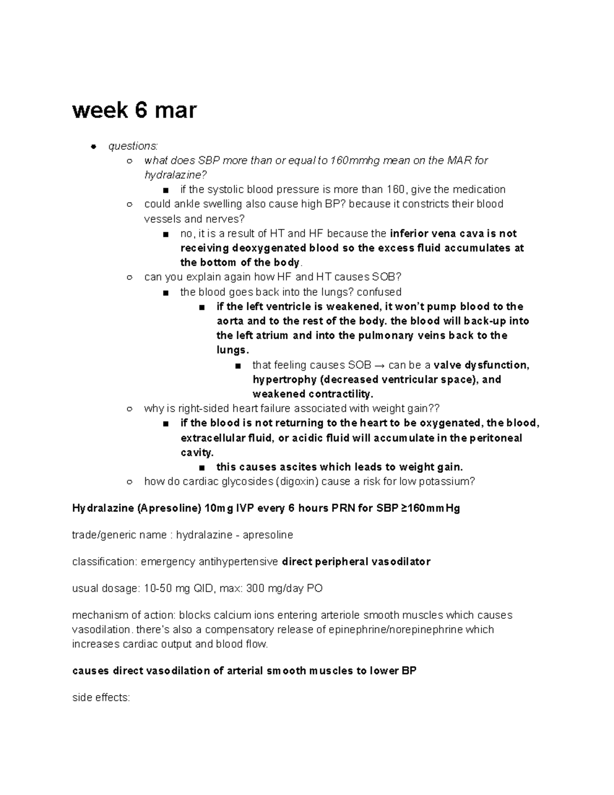 Week 6 mar - Hydralazine (Apresoline) 10mg IVP every 6 hours PRN for ...