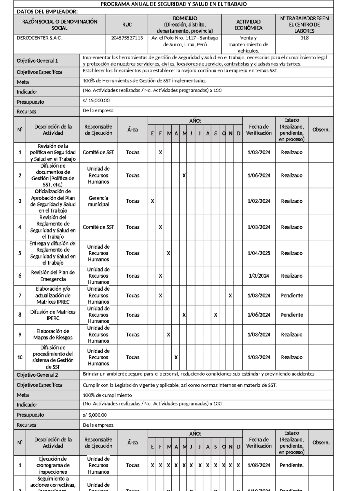 4. Programa Anual de SST - PROGRAMA ANUAL DE SEGURIDAD Y SALUD EN EL TRABAJO DATOS DEL EMPLEADOR ...