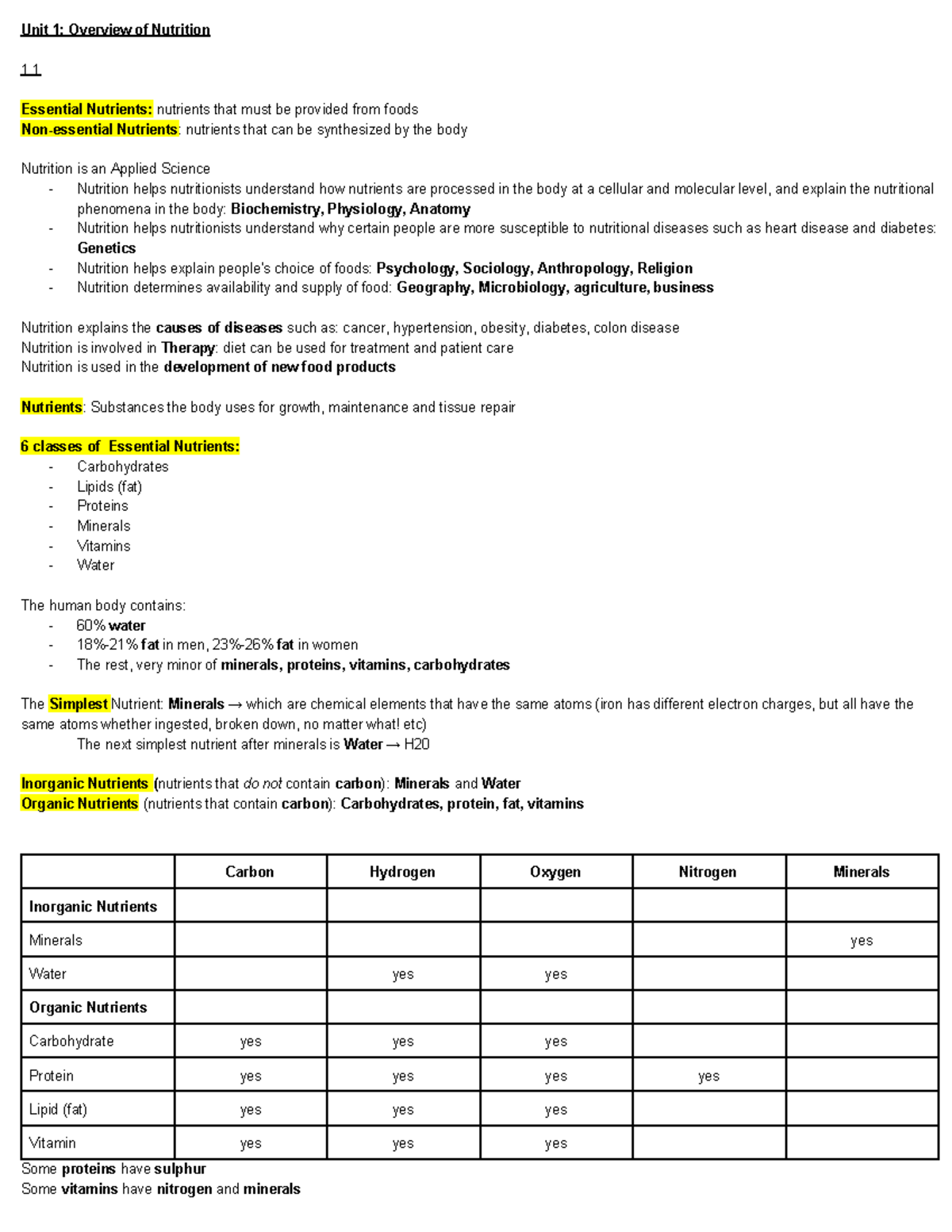 Nutrition notes - Unit 1: Overview of Nutrition Essential Nutrients ...