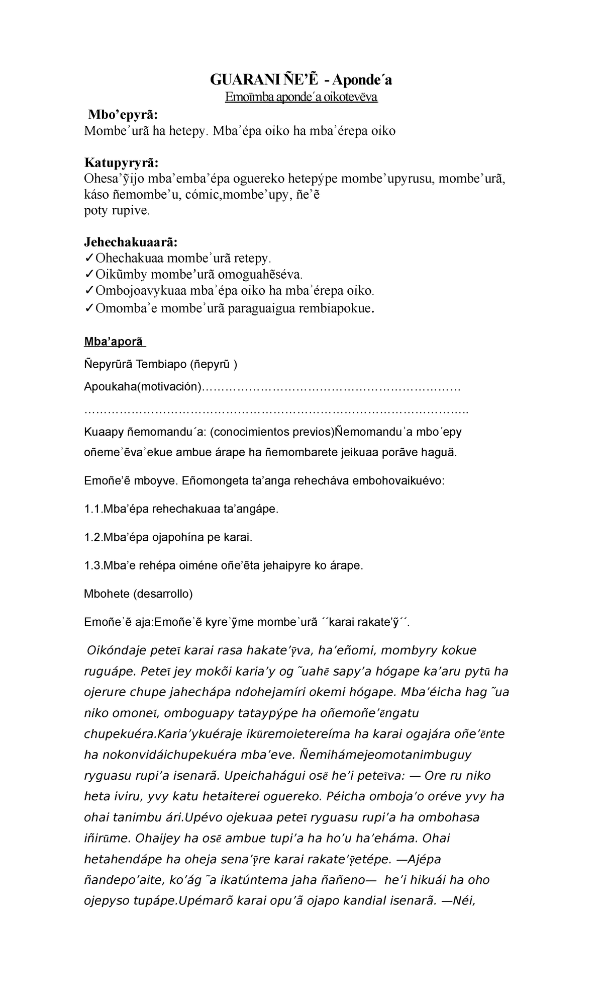 Trabajo Guarani 2°C - GUARANI ÑE’Ẽ - Aponde ́a Emoïmba aponde ́a ...