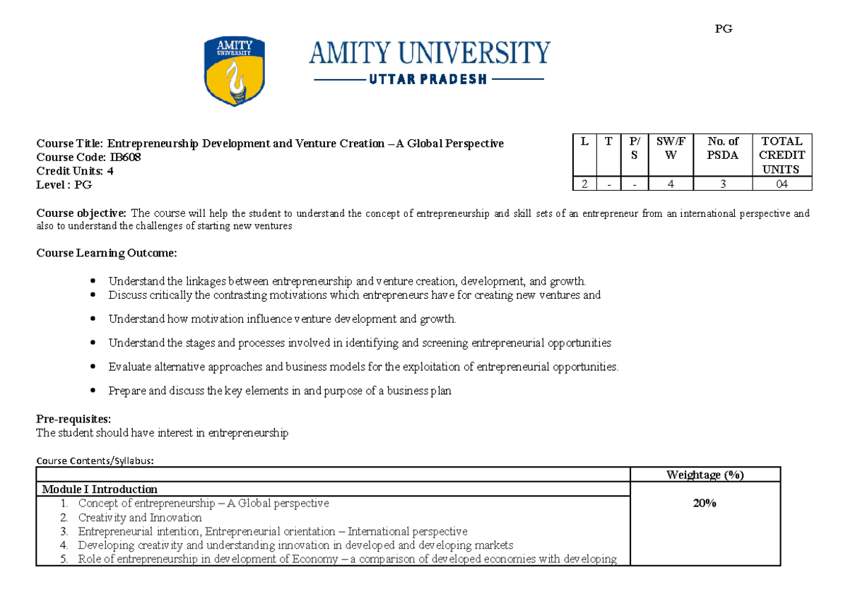 Global ENTR Development and VC - PG Course Title: Entrepreneurship ...