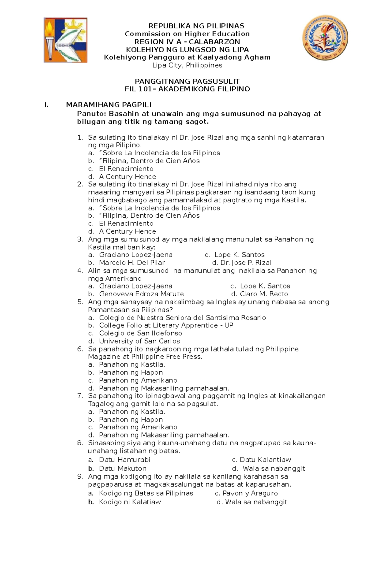 Panggitnang Pagsusulit Sanaysay AT Talumpati-print - Commission on ...