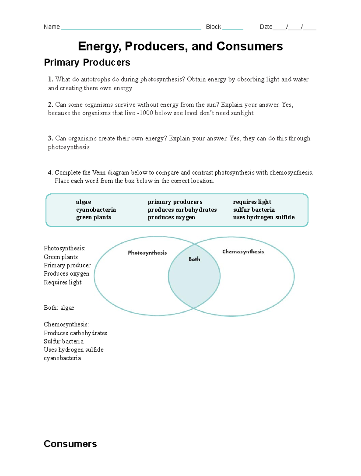 Energy, Producers, Consumers Worksheet A - Name Block Date____// Energy ...