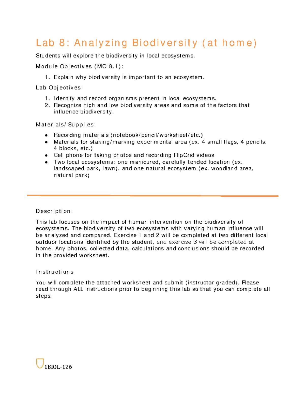 Biol-126 lab 8-instructions - 1BIOL- Lab 8: Analyzing Biodiversity (at ...