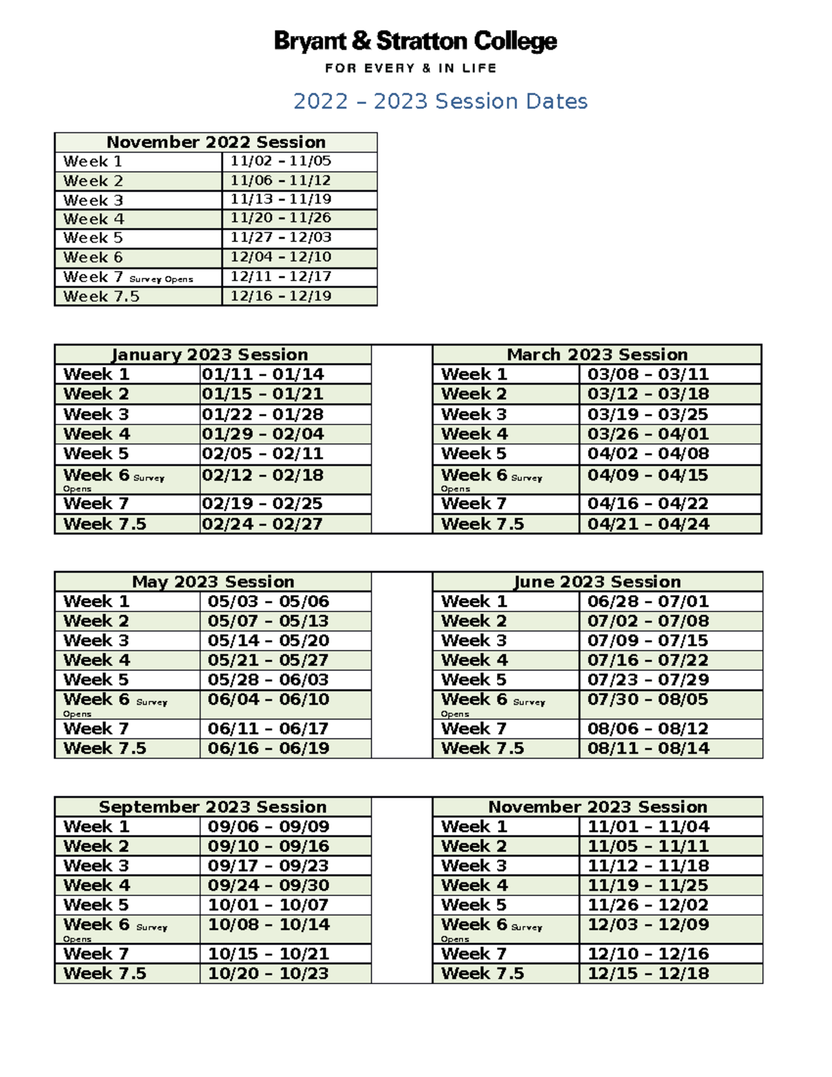 Session Dates - 2022 – 2023 Session Dates November 2022 Session Week 1 ...