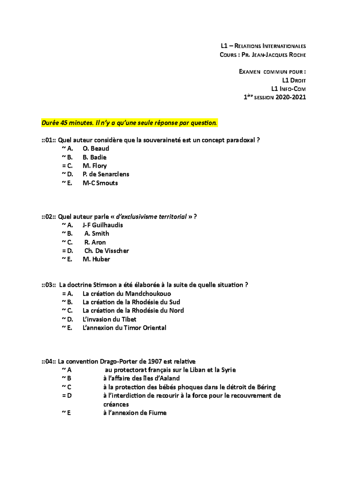 QCM L1 Version 2 juin 2021 - L1 – RELATIONS INTERNATIONALES COURS : PR ...