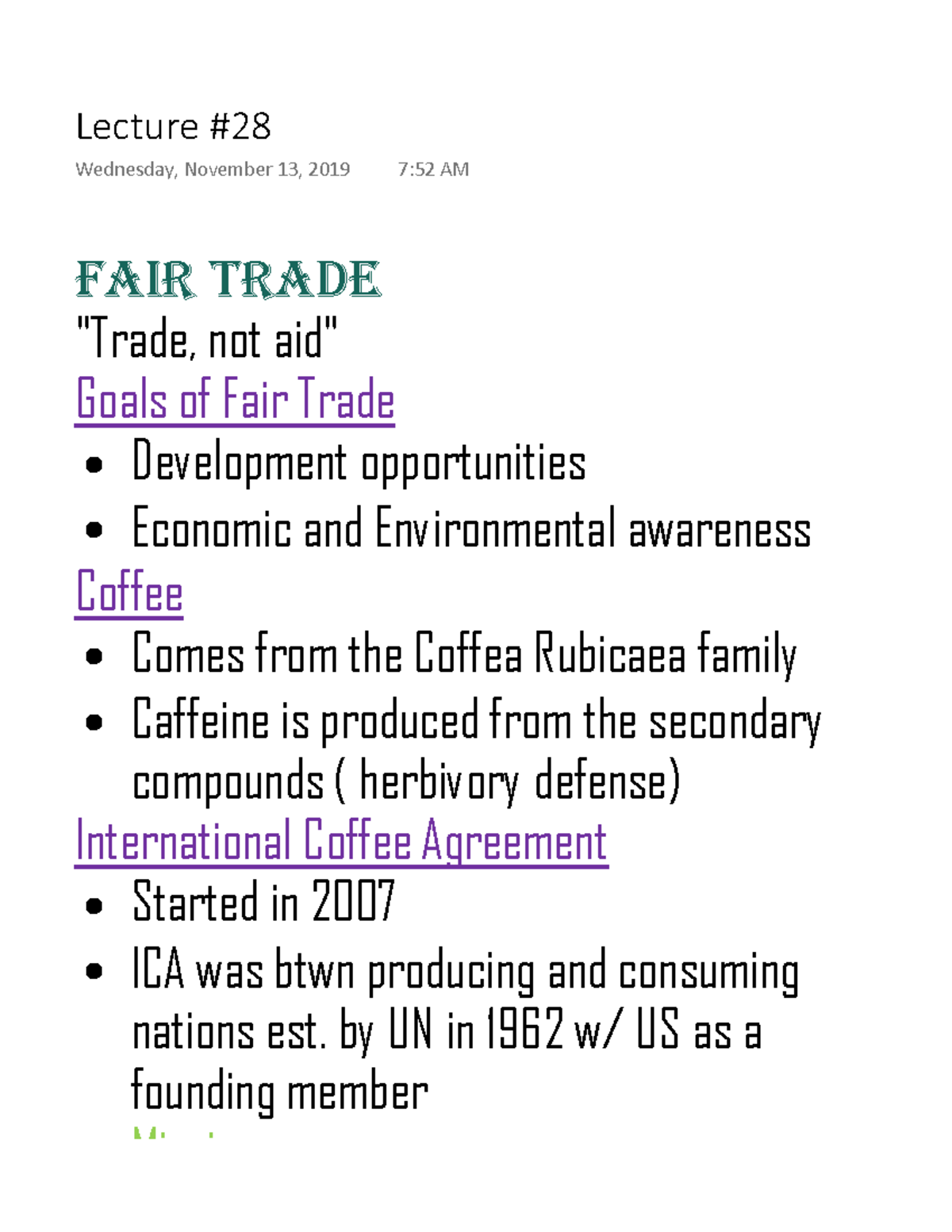Lecture 28 - Notes - FAIR TRADE "Trade, not aid" Goals of Fair Trade ...