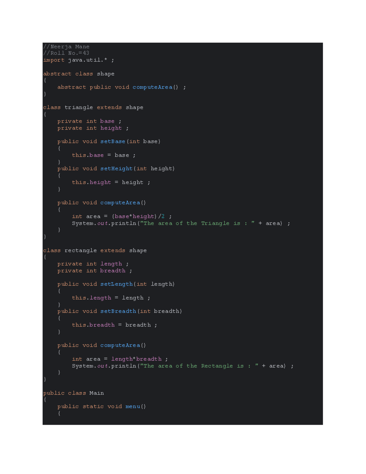 Assignment 4 - //Neerja Mane //Roll No.= import java.* ; abstract class ...