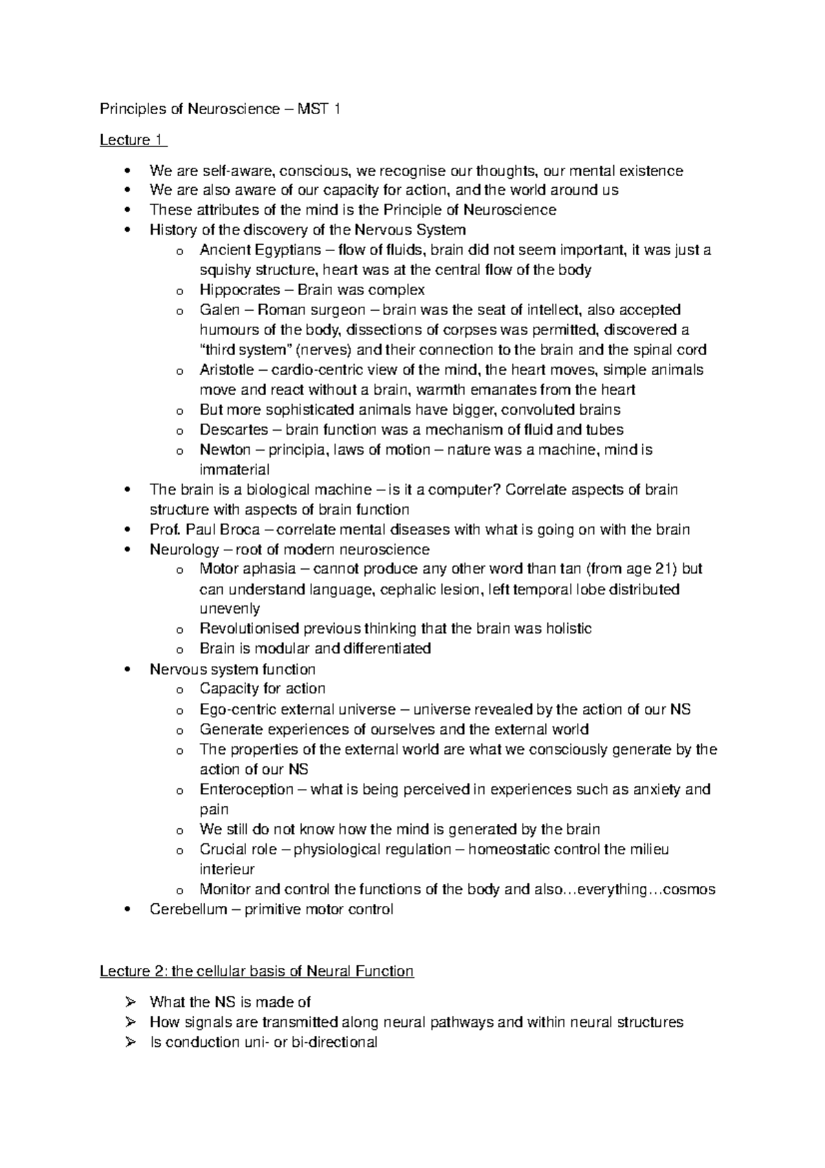 Principles Of Neuro Lecture Summaries Principles Of Neuroscience Mst 1 Lecture 1 We Are