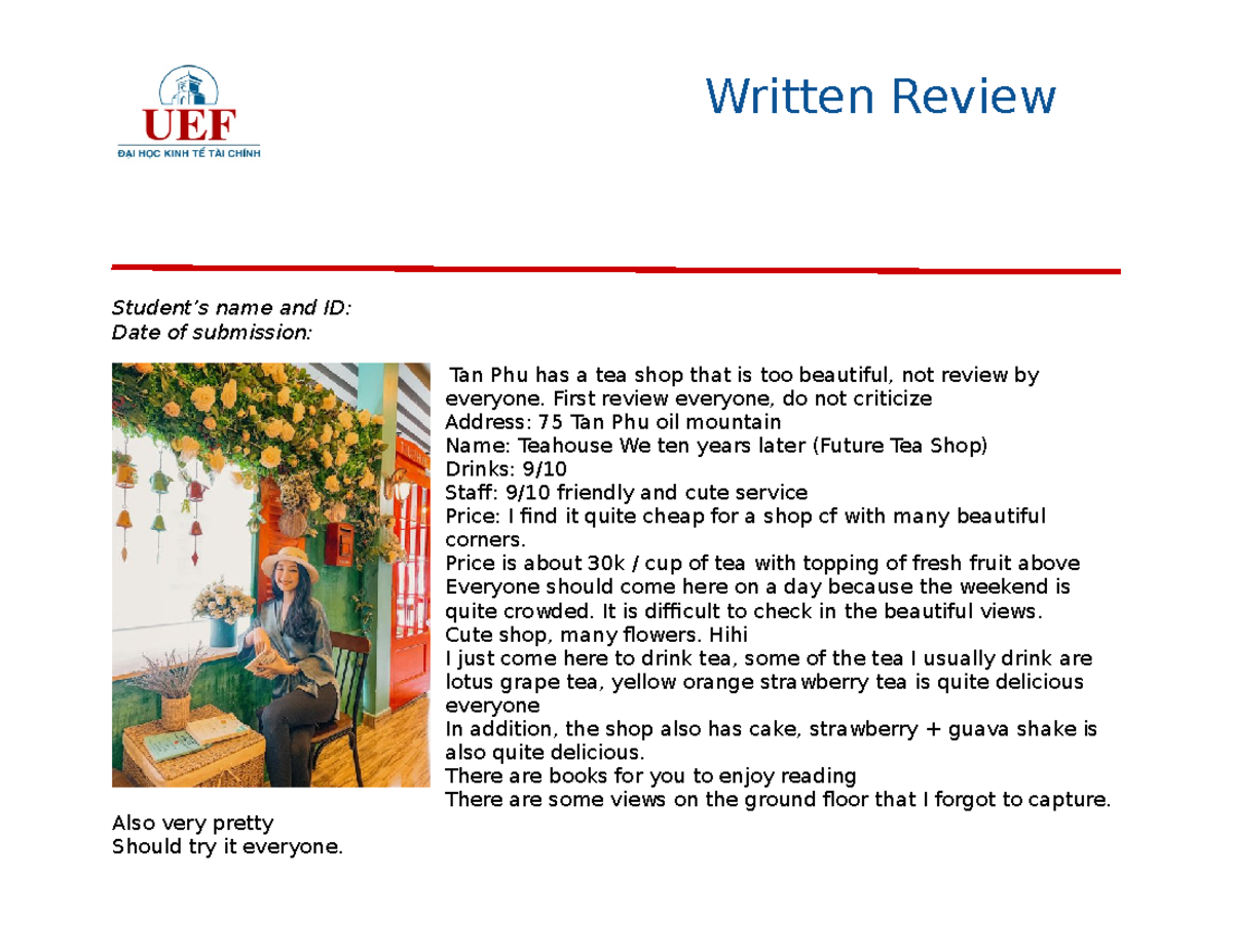 2 Written Review Sample - Student’s name and ID: Date of submission ...