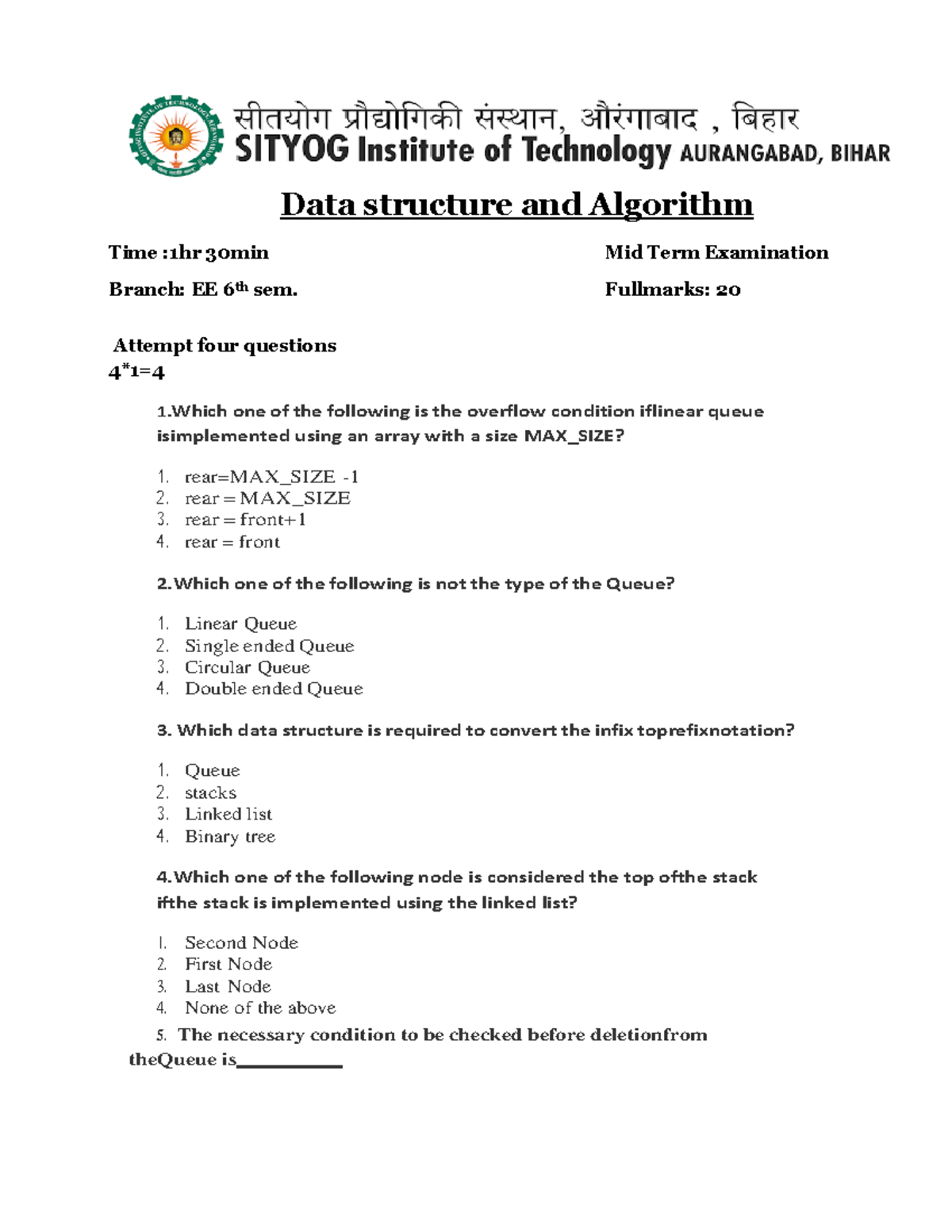 Sample question paper - this is for b.tech student only - Data ...