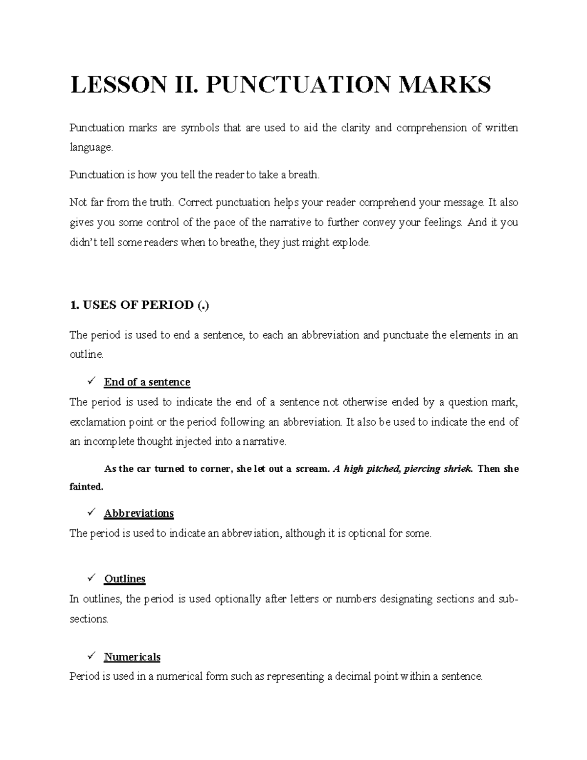 Punctuation- Marks- Lecture - LESSON II. PUNCTUATION MARKS Punctuation ...