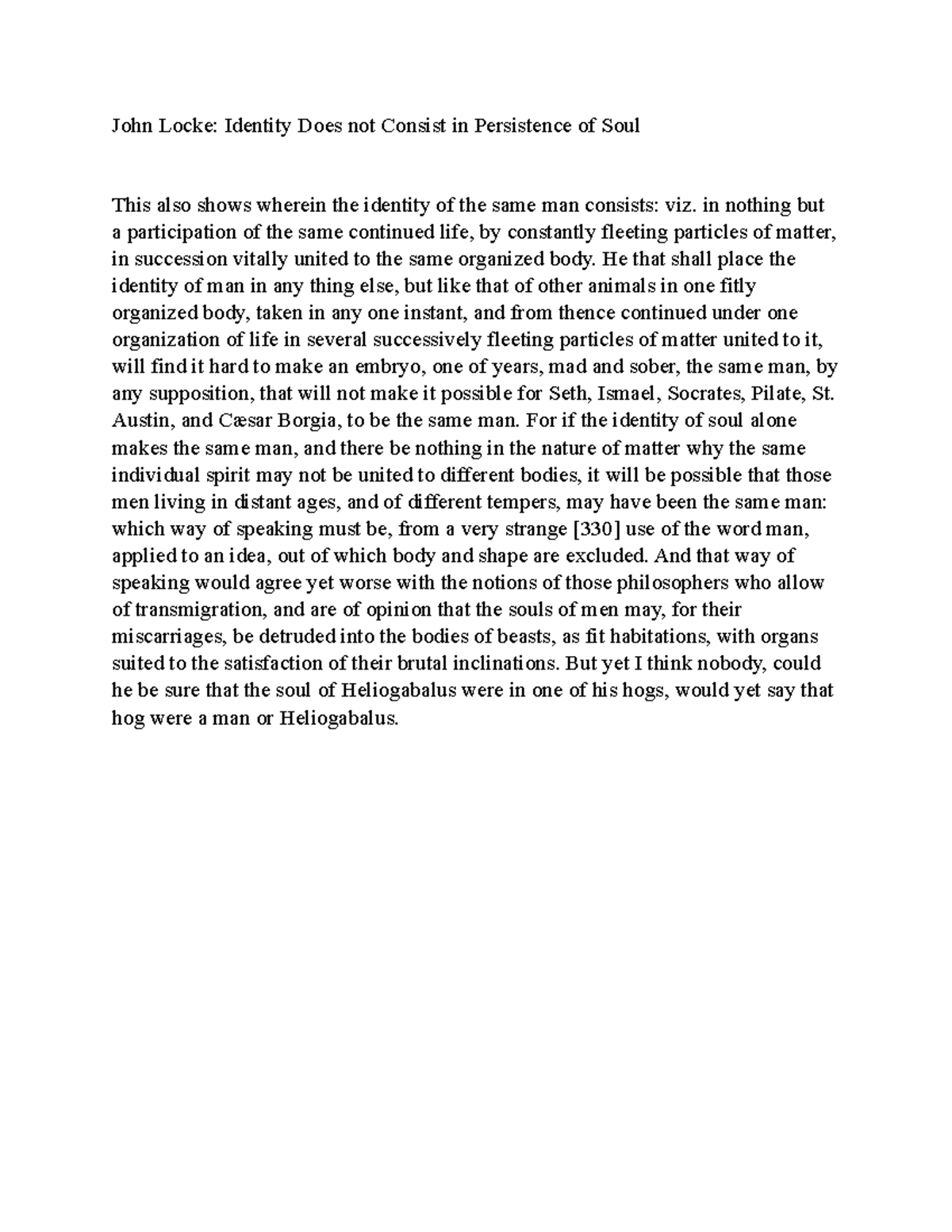 John Locke on Soul - John Locke: Identity Does not Consist in ...