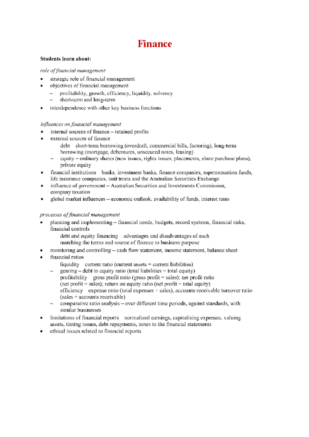 Notes template - Finance - Finance R ole of financial management ...