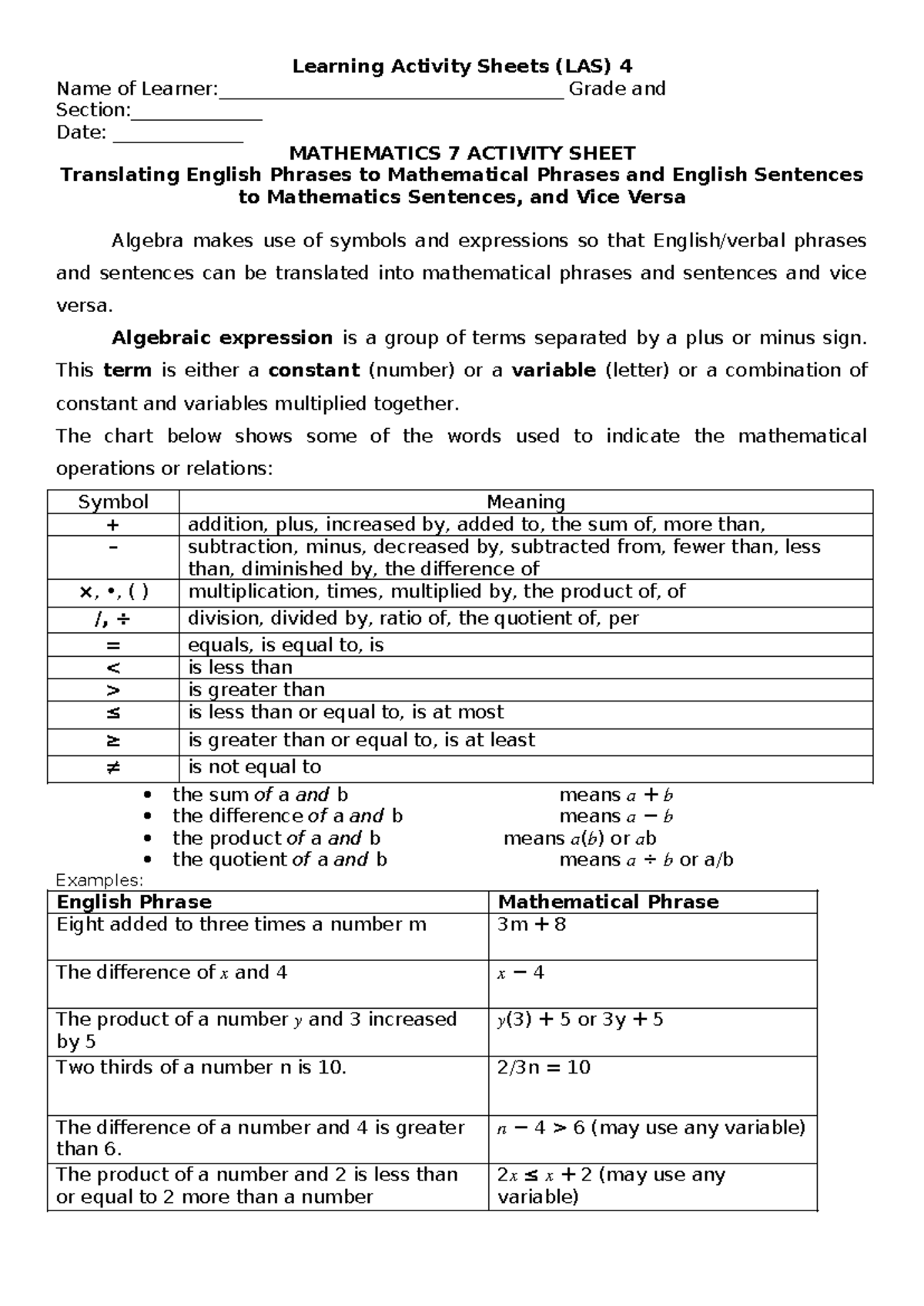 M7 Q2 Week 3 - Math Activity Sheet - Learning Activity Sheets (LAS) 4 ...
