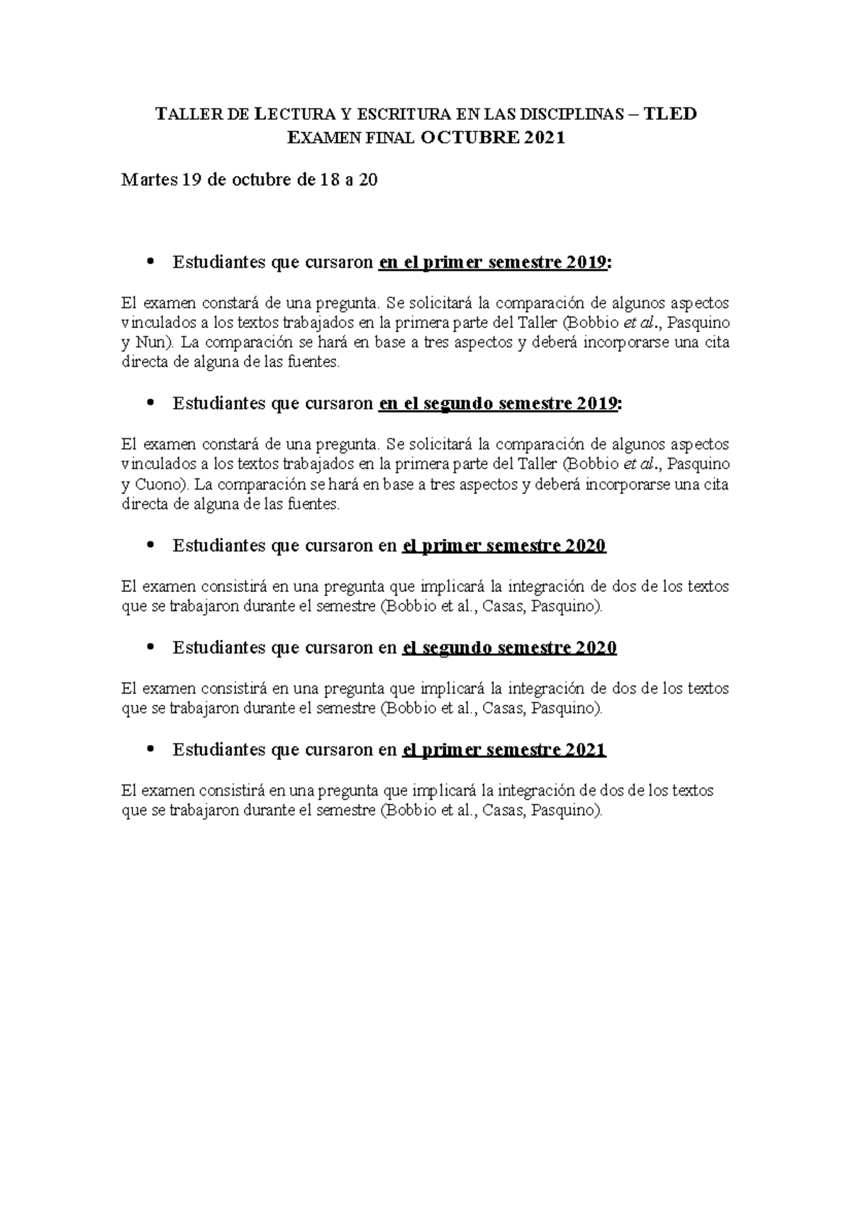 examen final indicaciones para rendir - TALLER DE LECTURA Y ESCRITURA ...