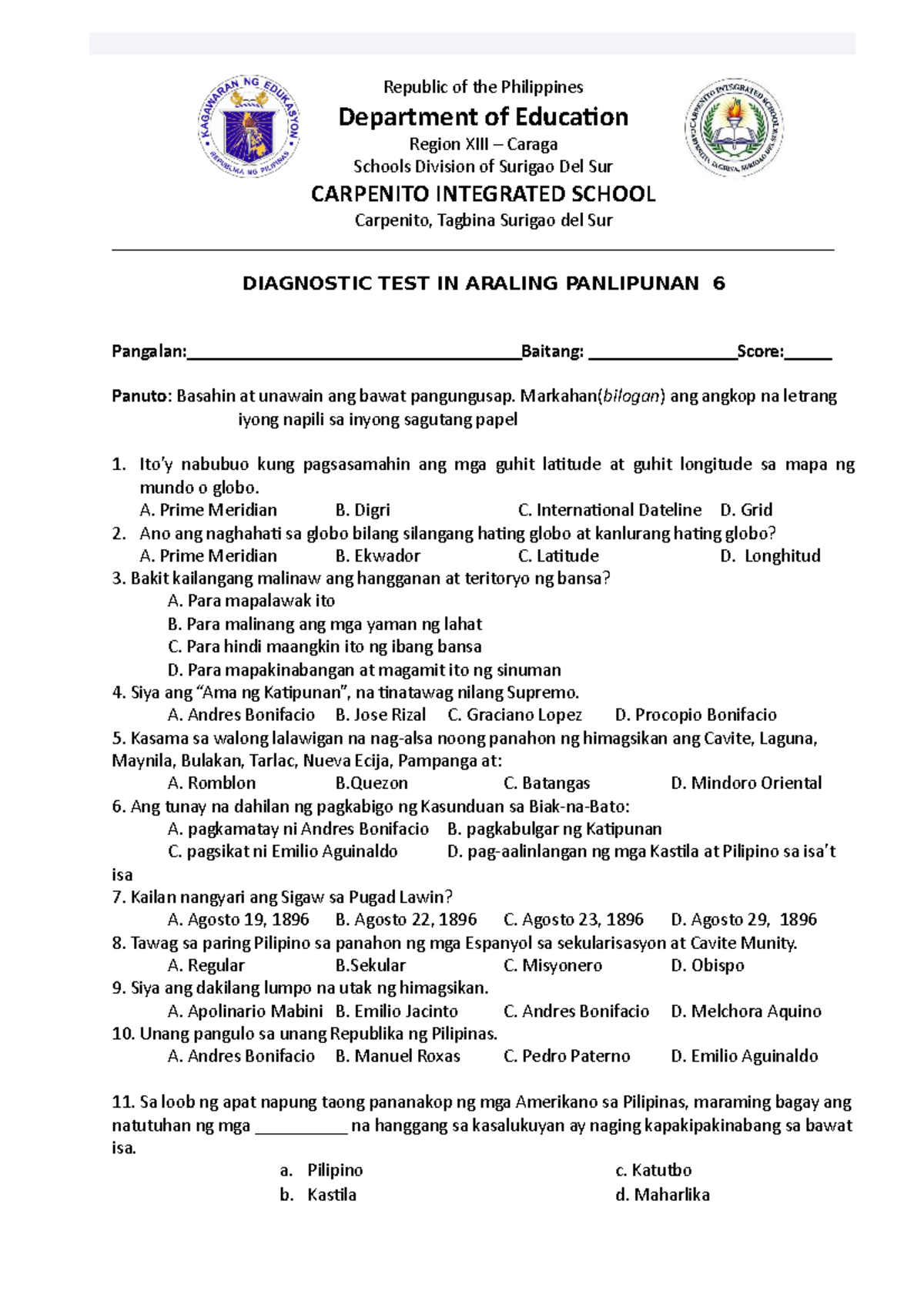 Diagnostic test aral pan 6 - Republic of the Philippines Department of ...