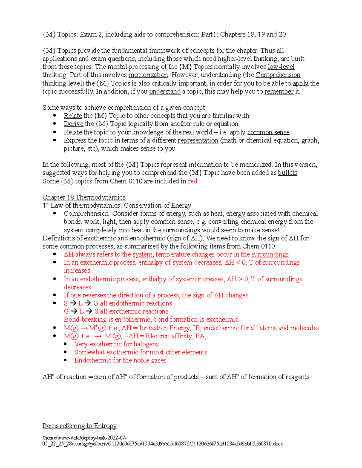 M Topics for Chapters 18-19-20 - {M} Topics: Exam 2, including aids to ...