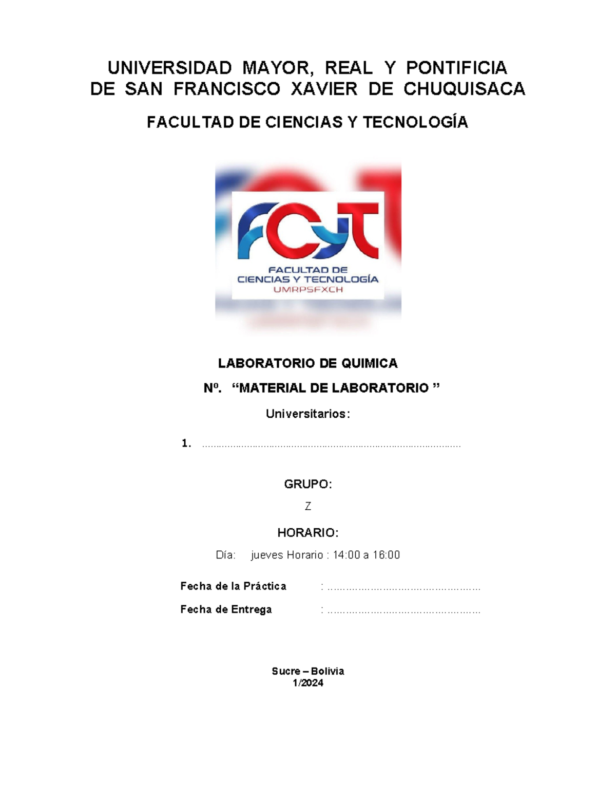 Carátula LAB FIS-100 - caratula - UNIVERSIDAD MAYOR, REAL Y PONTIFICIA DE SAN FRANCISCO XAVIER ...