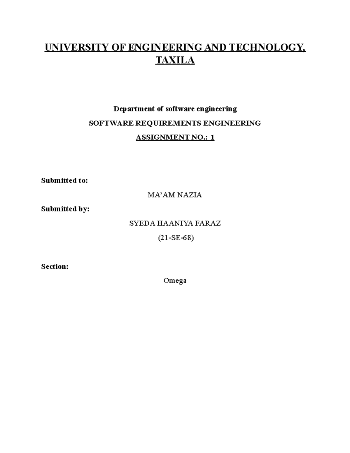 Assignment 01 OF SRE - UNIVERSITY OF ENGINEERING AND TECHNOLOGY, TAXILA Department of software ...