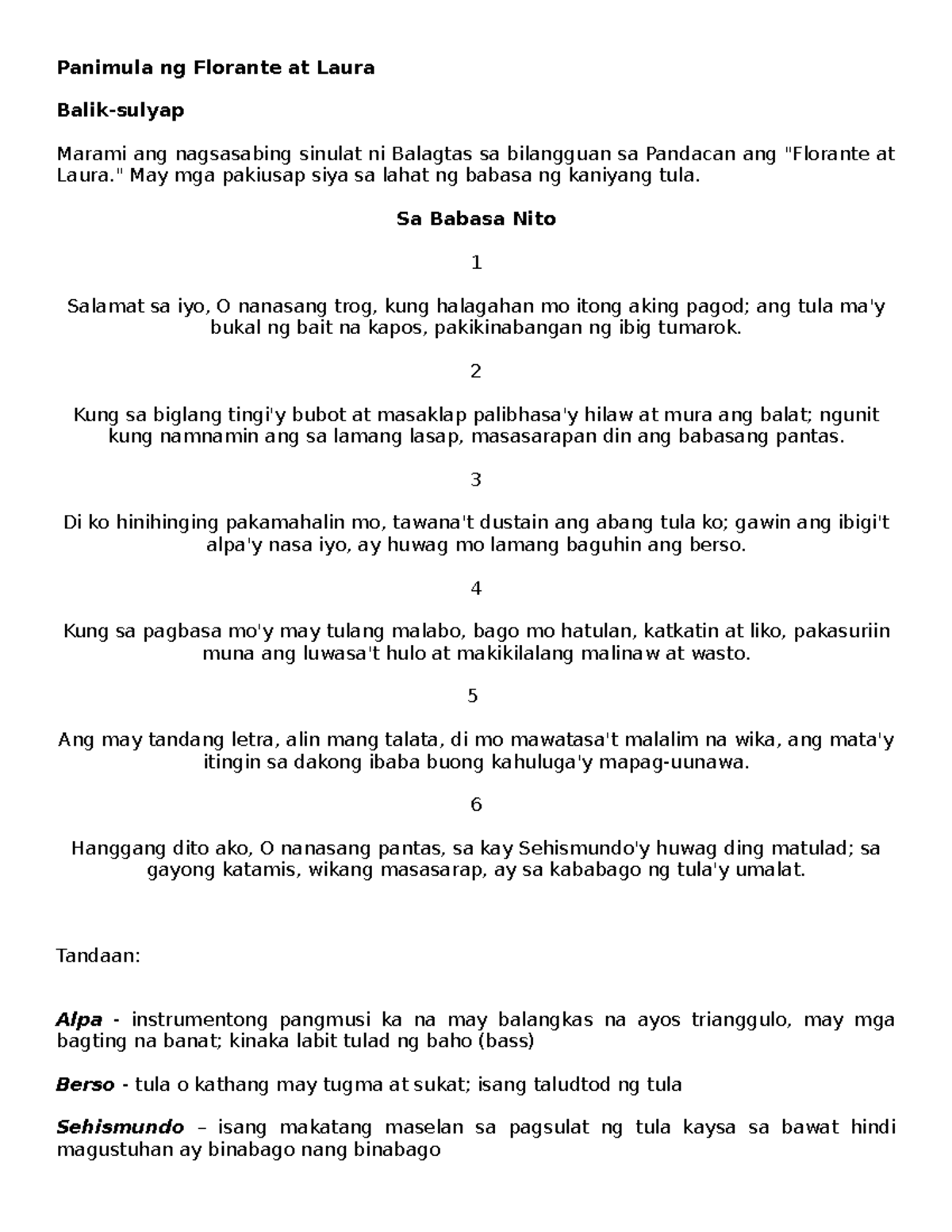 Panimula ng Florante at Laura - Panimula ng Florante at Laura Balik ...