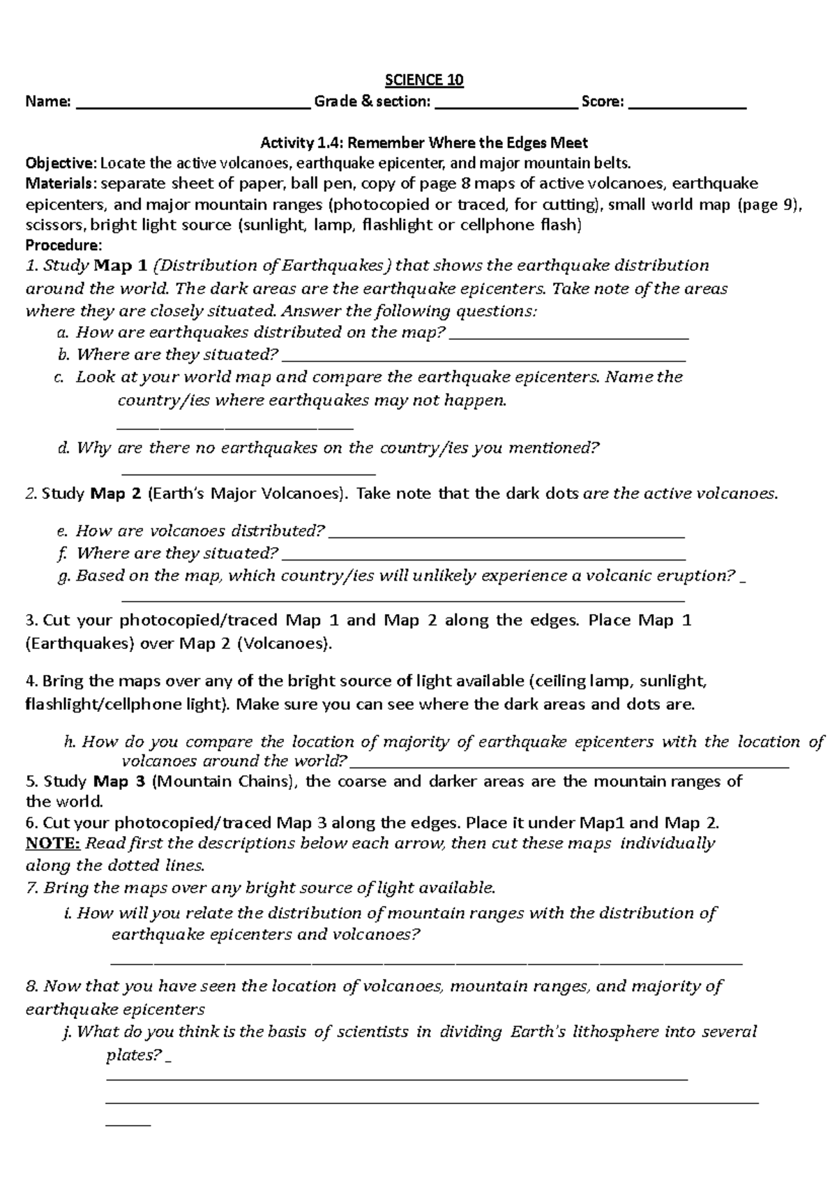Science 10 activity 1.4 Remember where the edes meet - SCIENCE 10 Name