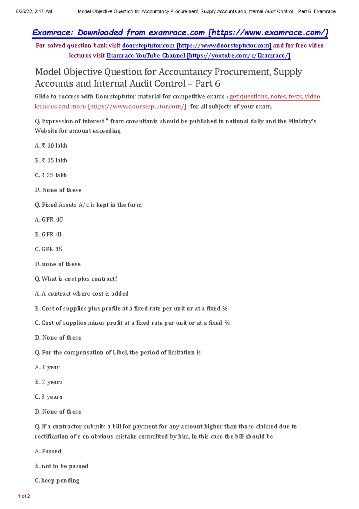 Model Objective Question Accountancy Part 6 - 6/25/22, 2:47 AM Model ...