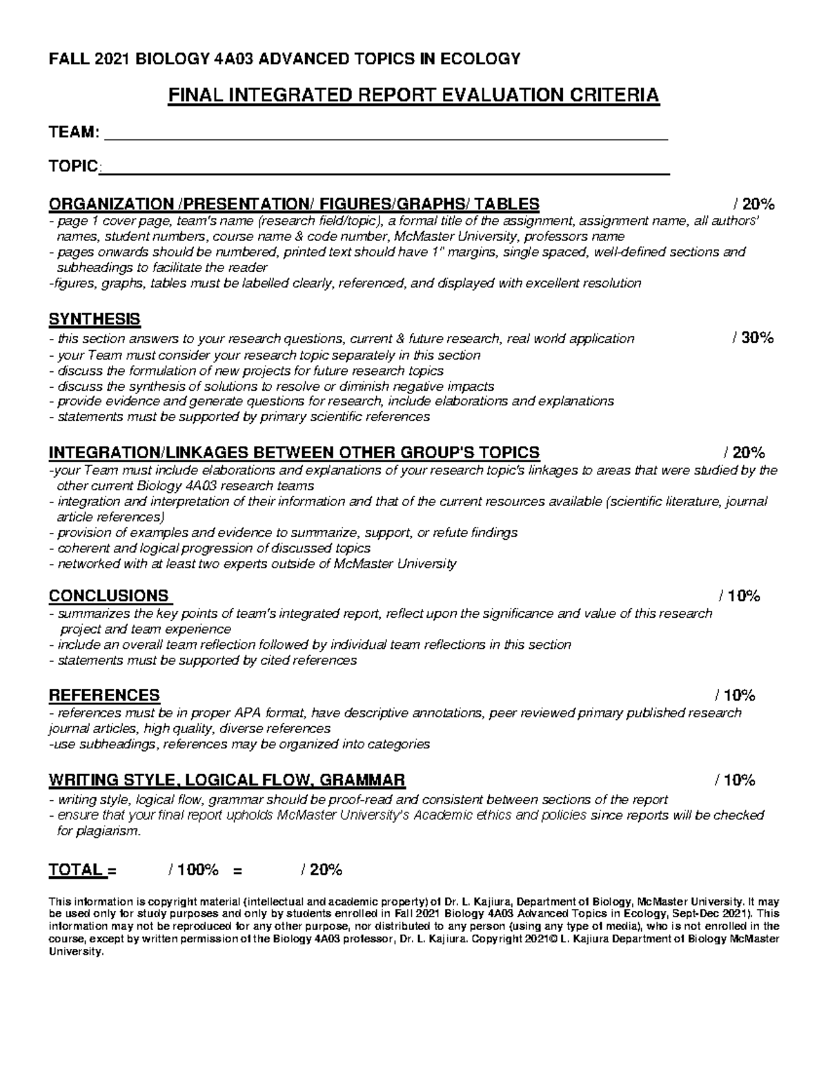 Fall 2021 Biology 4A03 Final Integrated Report Evaluation Criteria ...