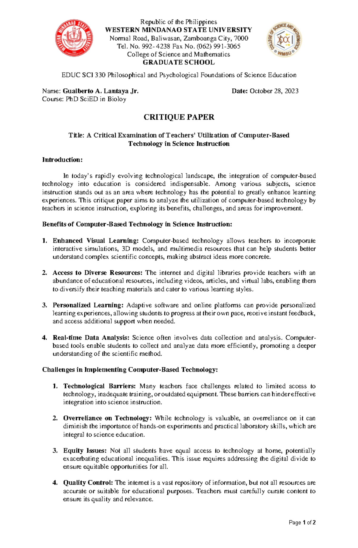 Critique Paper Articles 5&6 - Page 1 of 2 Republic of the Philippines ...