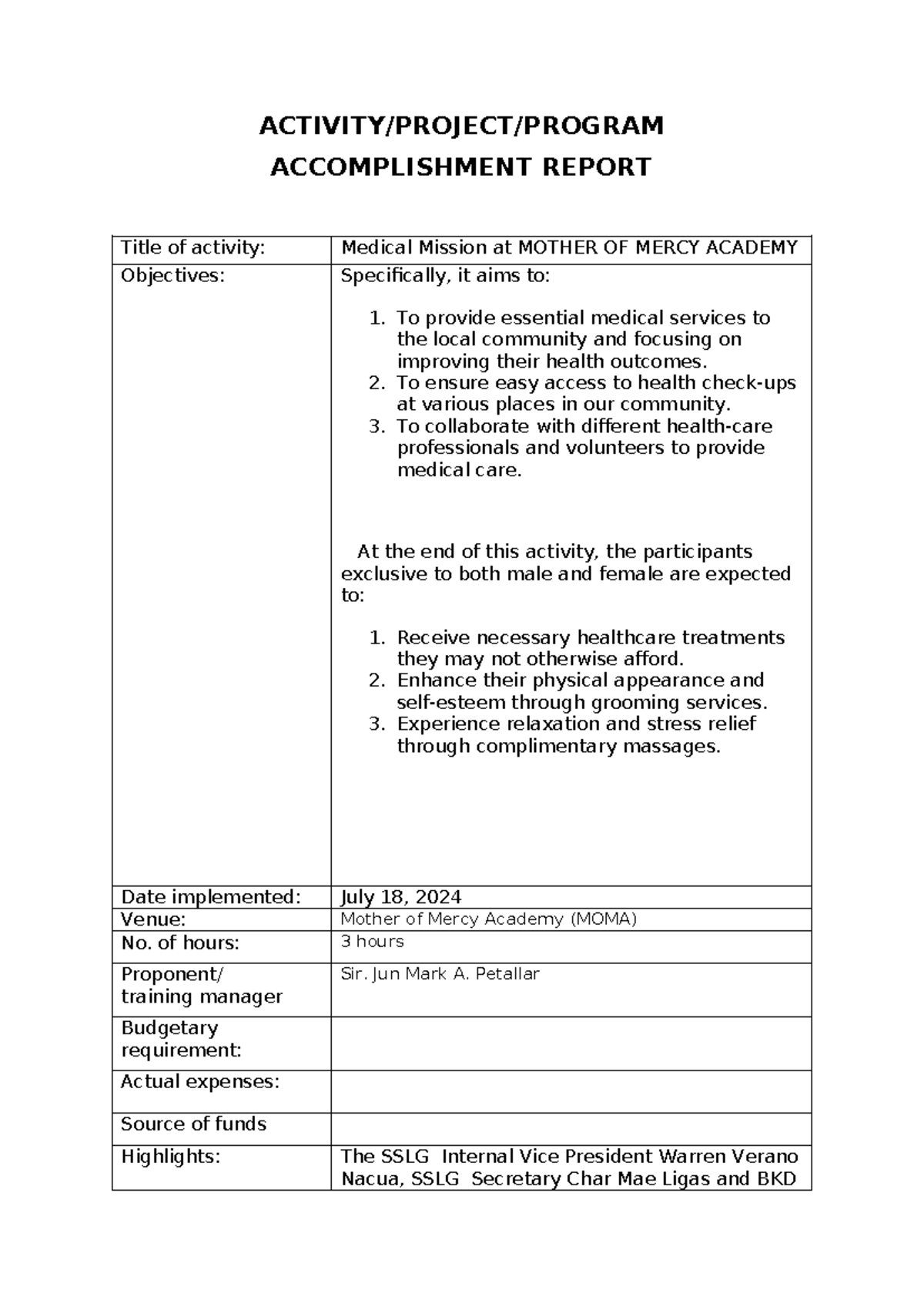Accomplishment Report 011 3 - ACTIVITY/PROJECT/PROGRAM ACCOMPLISHMENT ...