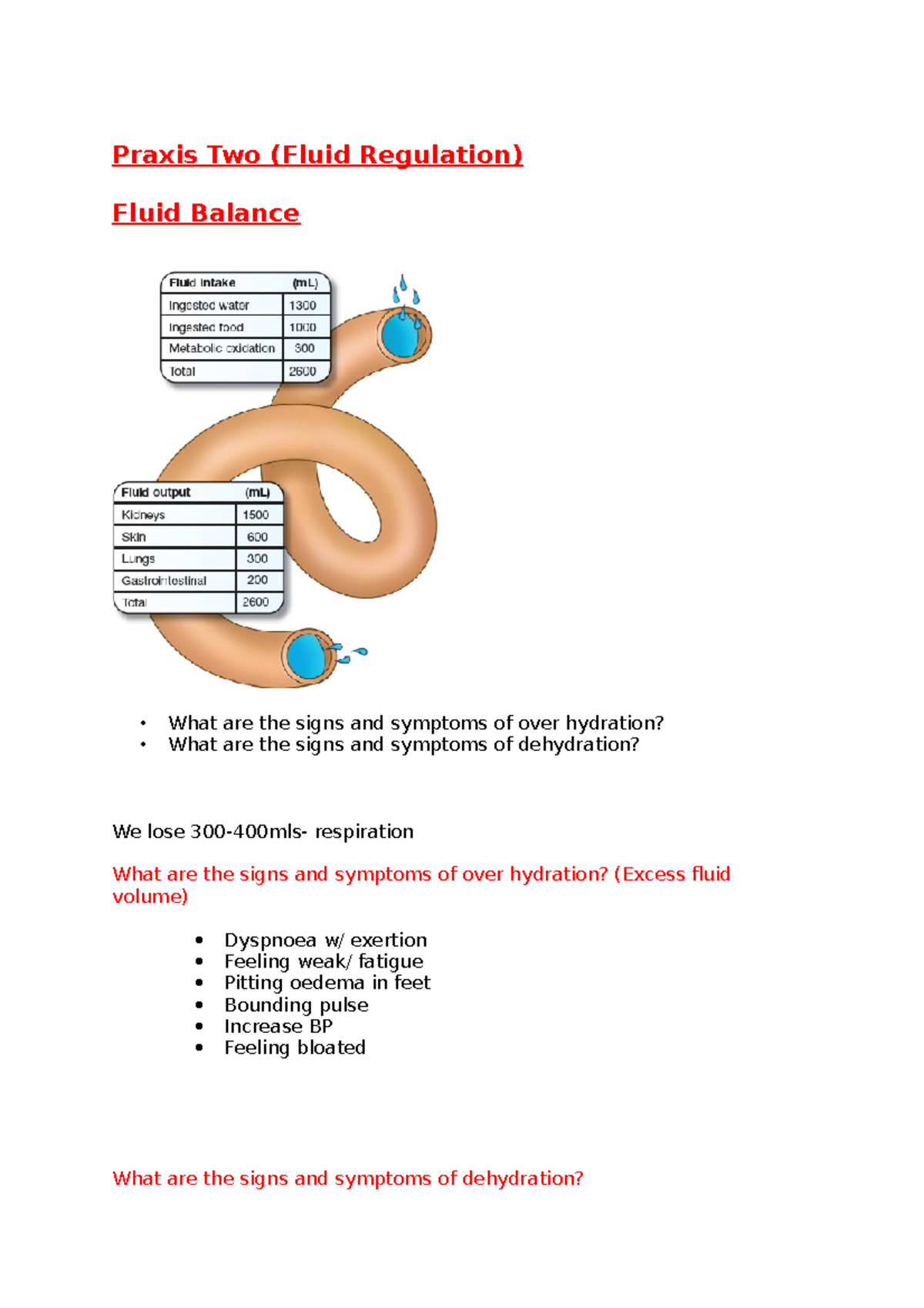 Nursing Assessment Notes - Praxis Two (Fluid Regulation) Fluid Balance ...