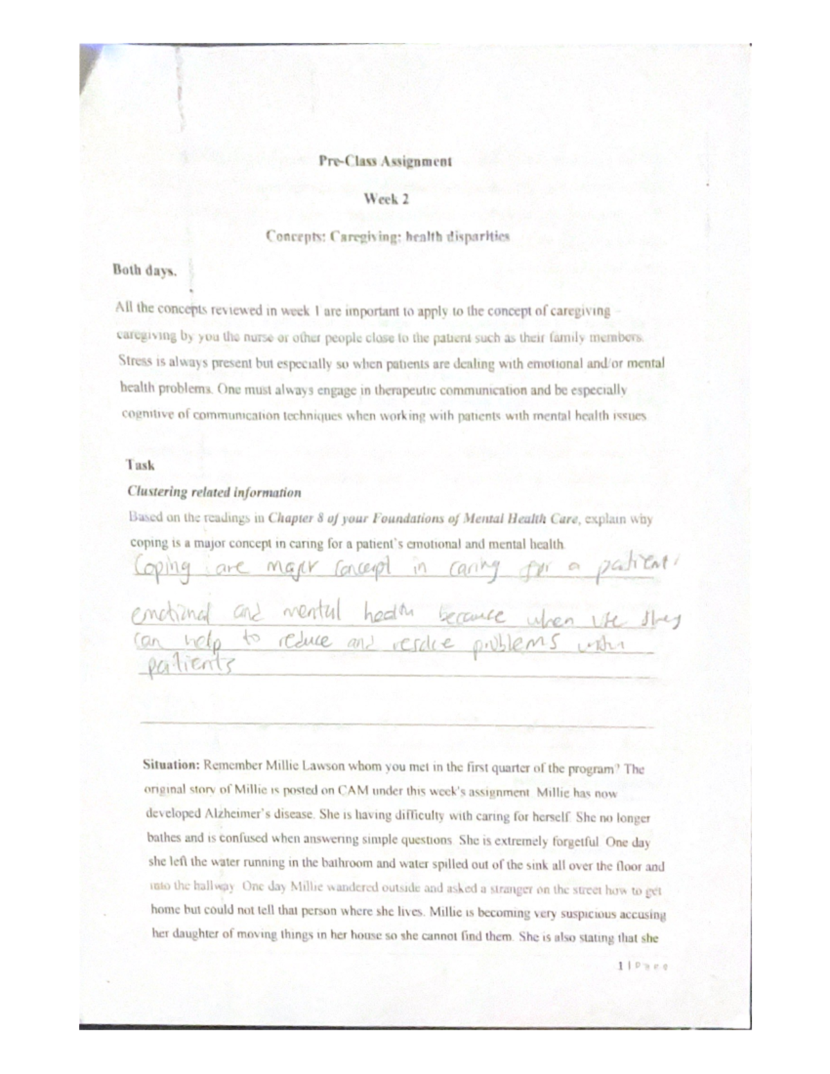 Pre-Class Assignment - Assignment Week 2 Concepts: Caregiving: health ...