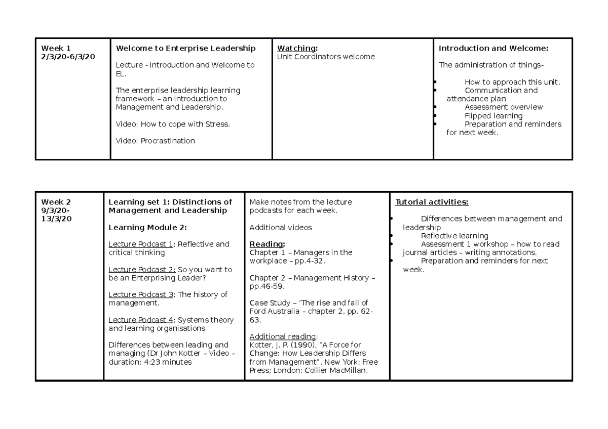 Enterprise leadership schedule - Week 1 2/3/20-6/3/ Welcome to ...
