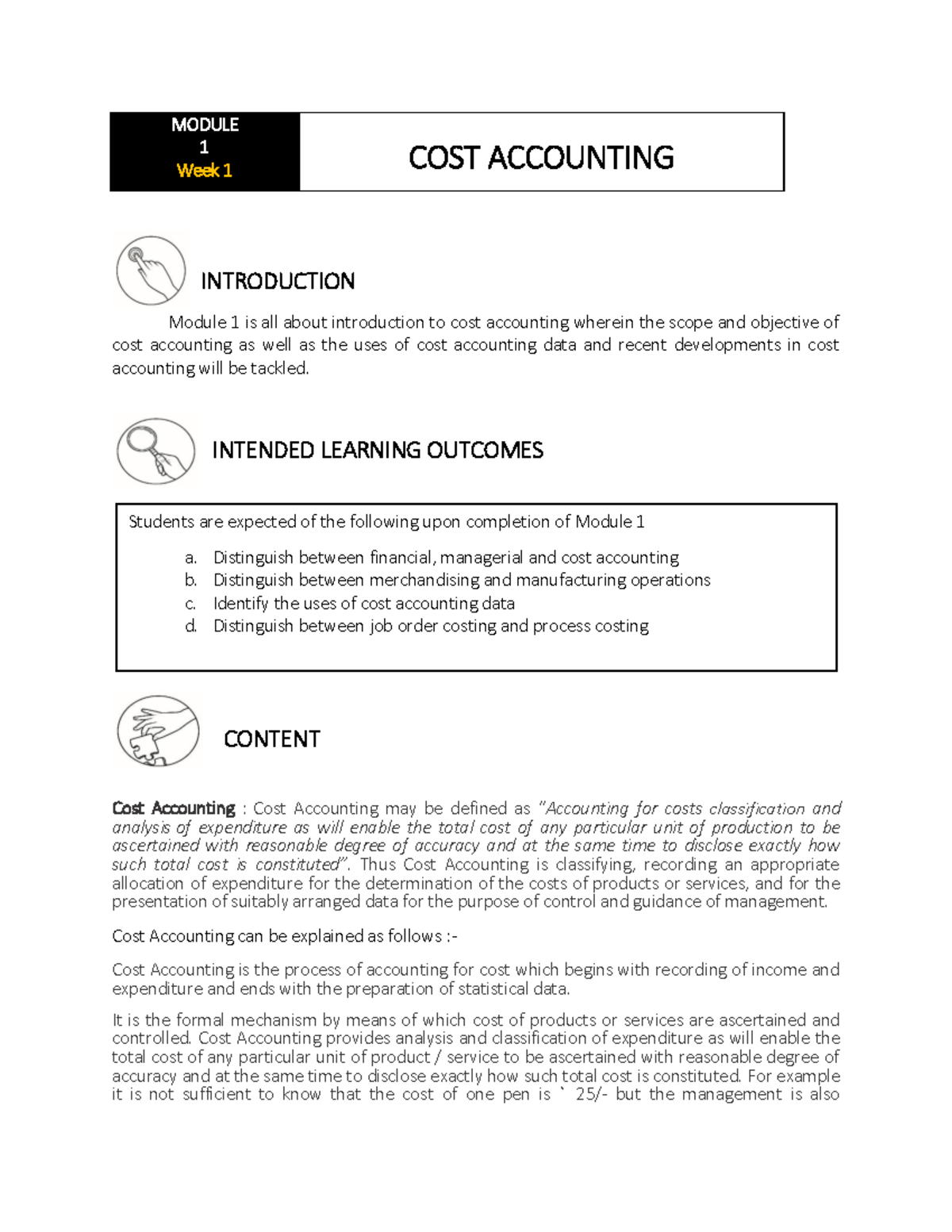 ACC204 Module 1 - BASAHIN AT INTINDIHIN - MODULE 1 Week 1 COST ACCOUNTING INTRODUCTION Module 1 ...