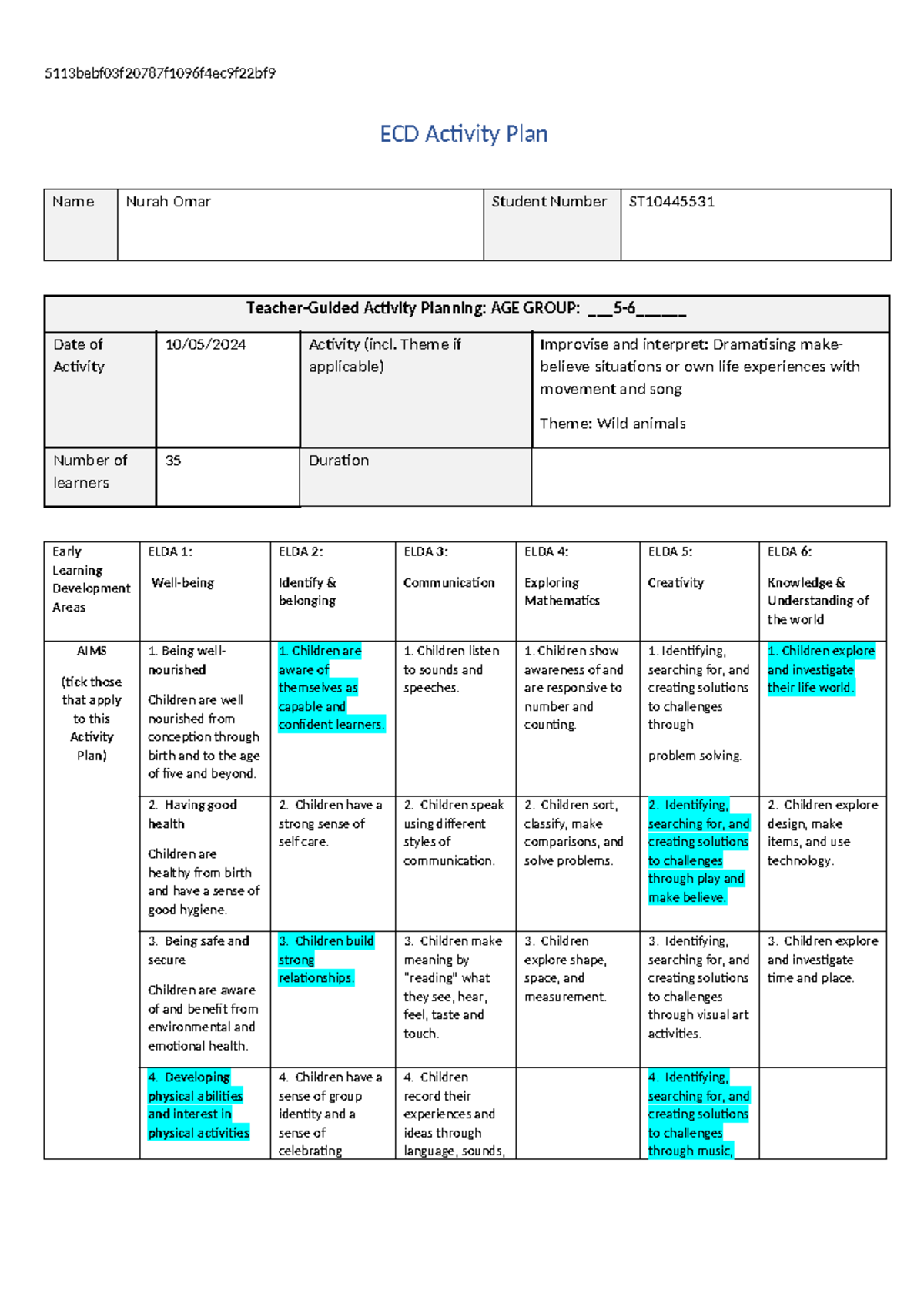 LSMO5111 ICE Task 3 Nurah Omar (ST10445531) - ECD Activity Plan Name ...