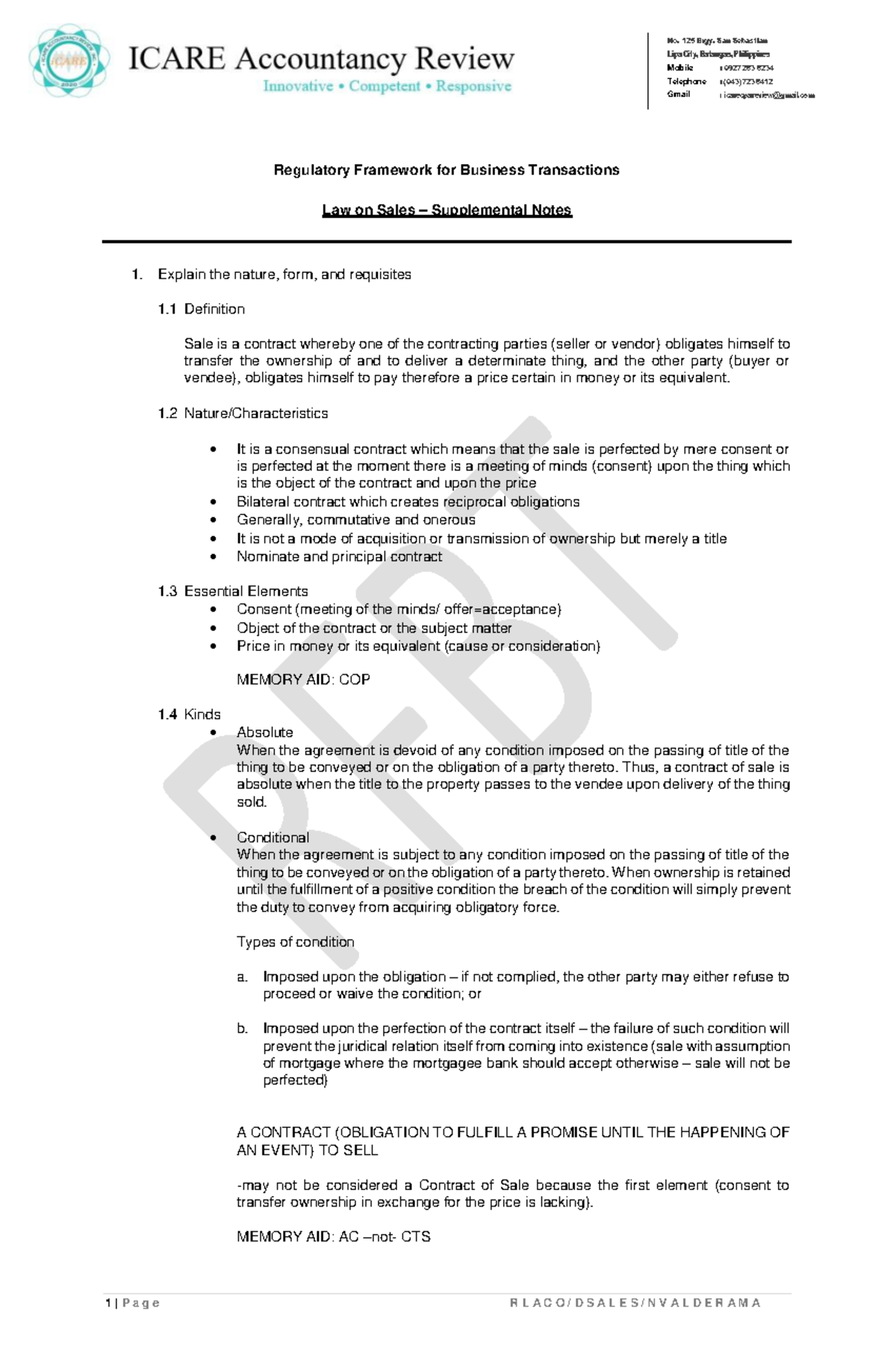 RFBT03-10 - Law on Sales - Supplemental Notes - Lipa City, Batangas ...