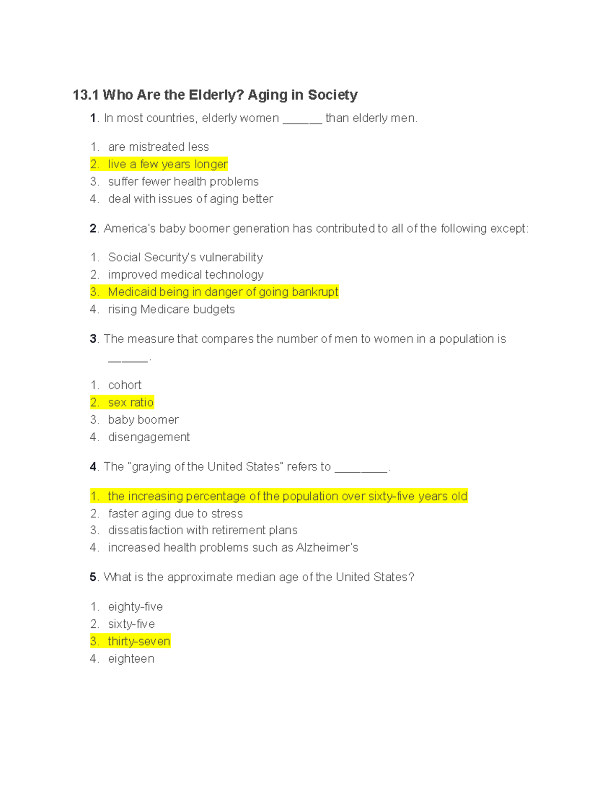 Soc 1 Chapters 13 Study Guide (With Answers) - 13 Who Are the Elderly ...