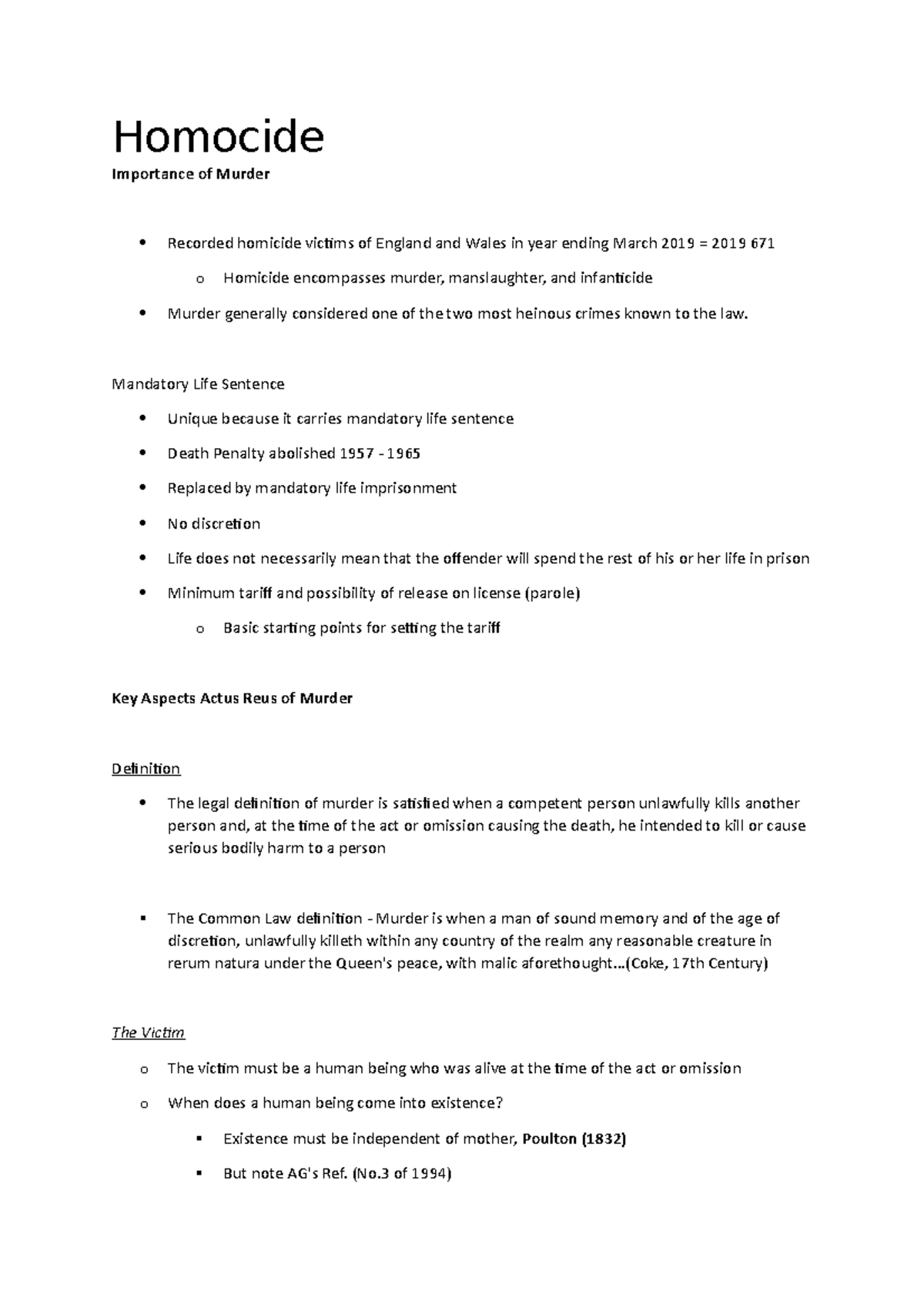 Homicde - Complete lecture and seminar notes summarised - Homocide ...
