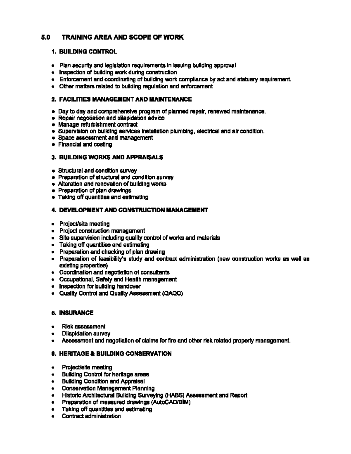 Scope OF WORK - 5 TRAINING AREA AND SCOPE OF WORK 1. BUILDING CONTROL ...