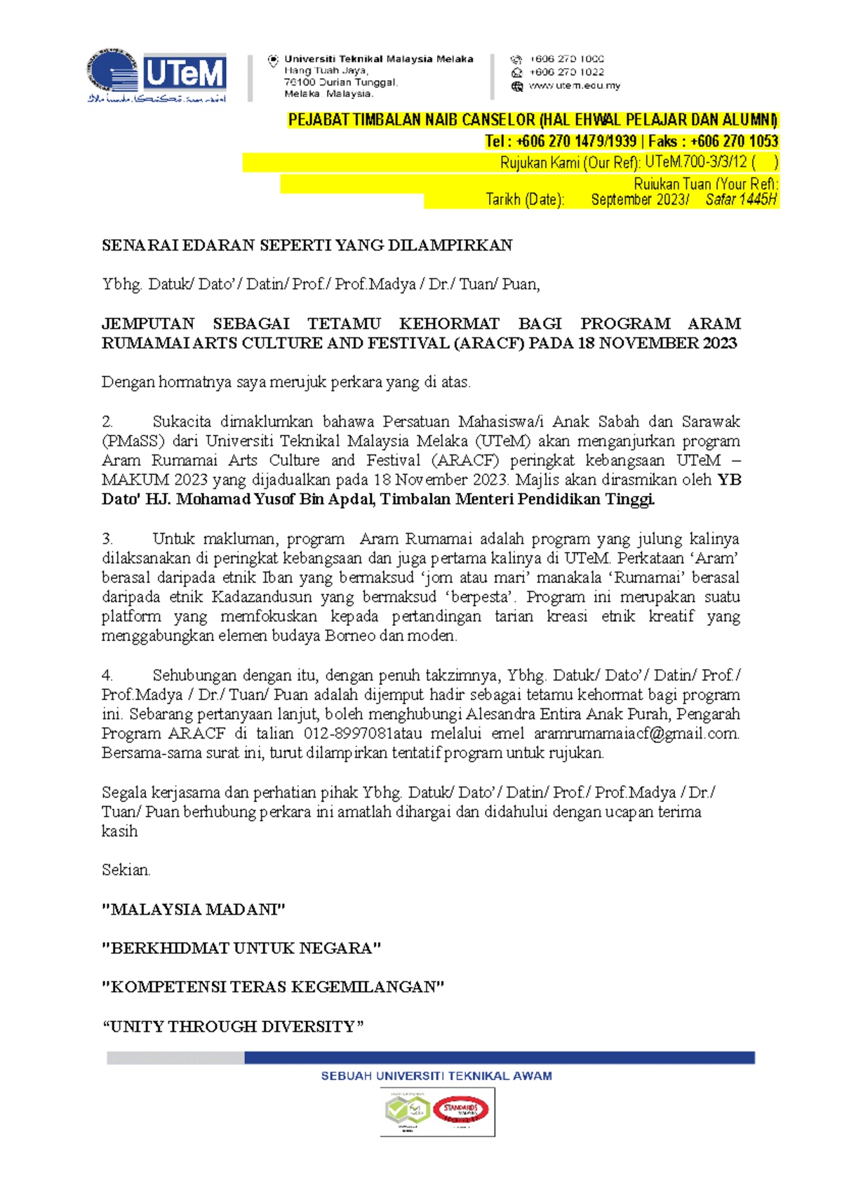 contoh surat jemputan - SENARAI EDARAN SEPERTI YANG DILAMPIRKAN Ybhg ...