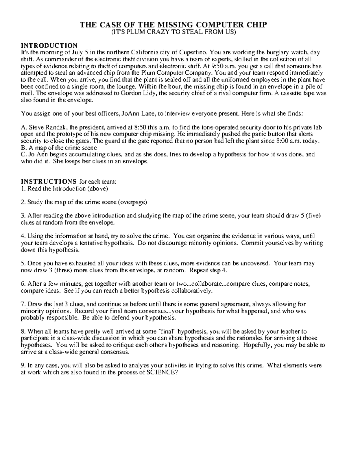 Crime - A document - THE CASE OF THE MISSING COMPUTER CHIP (IT'S PLUM ...