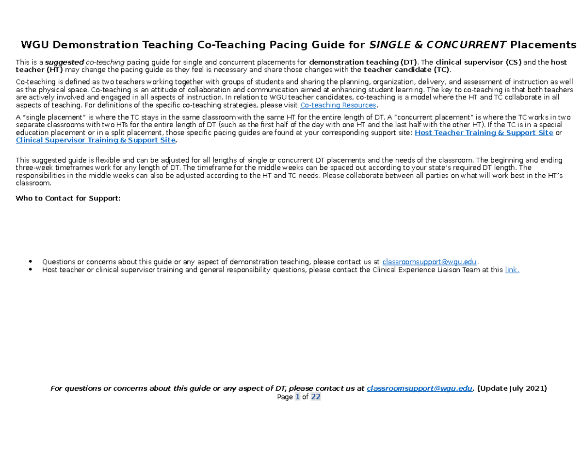 Single Placement Pacing Guide- WGU, not an essay - WGU Demonstration ...