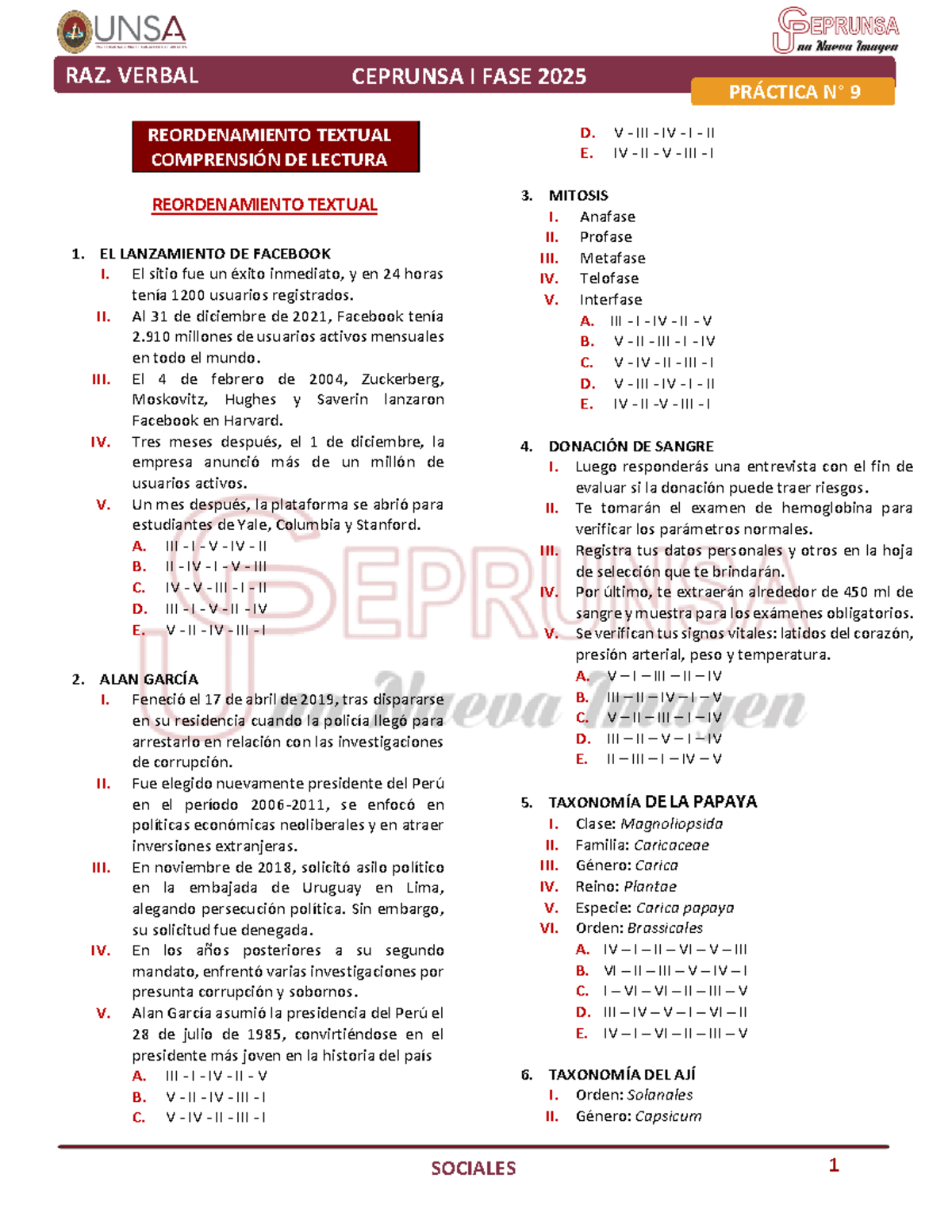 P9 - RAZ Verbal - Práctica evaluada - PRÁCTICA N° 9 REORDENAMIENTO TEXTUAL COMPRENSIÓN DE ...