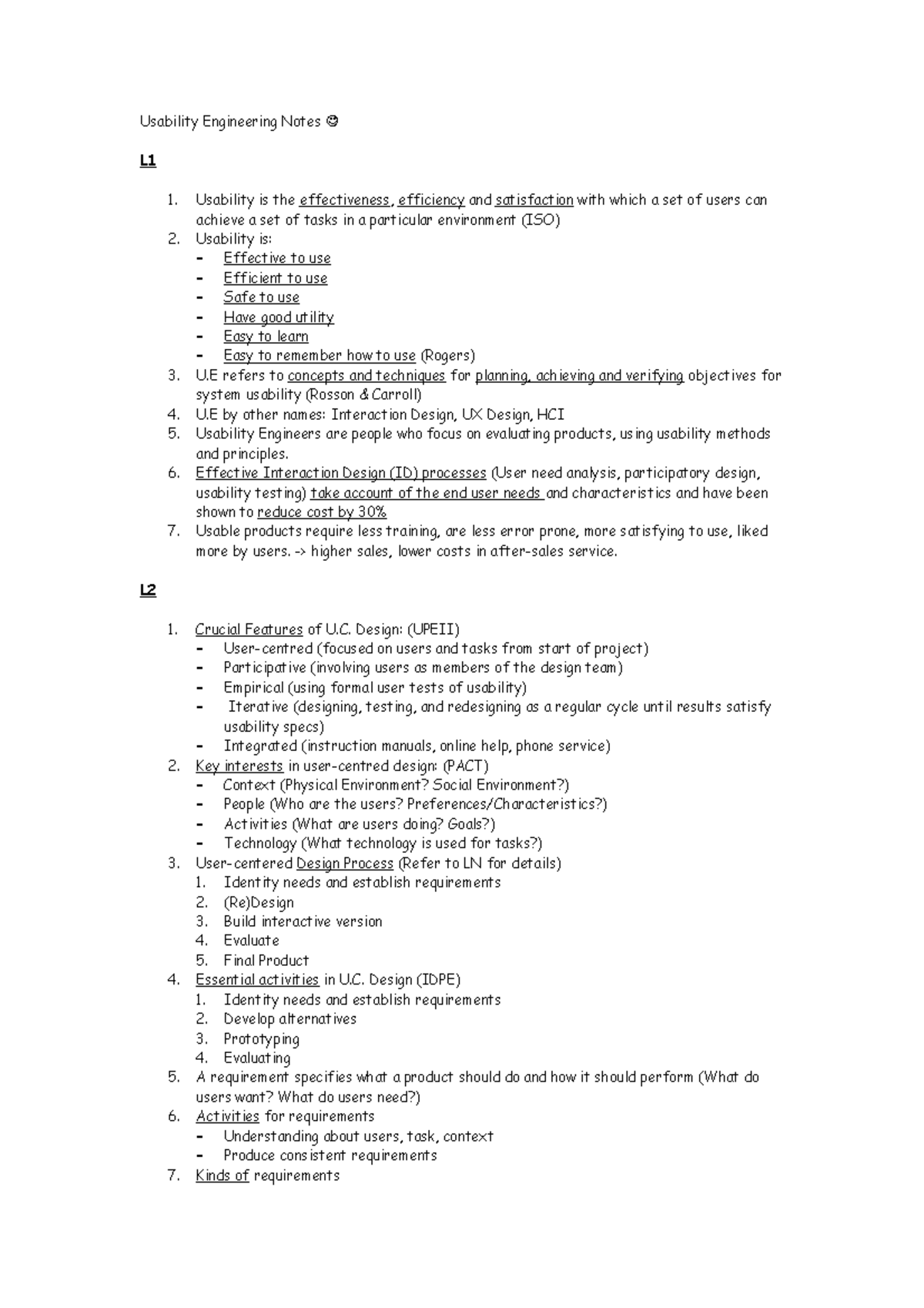 Summary - usability engineering notes - Usability Engineering Notes L ...