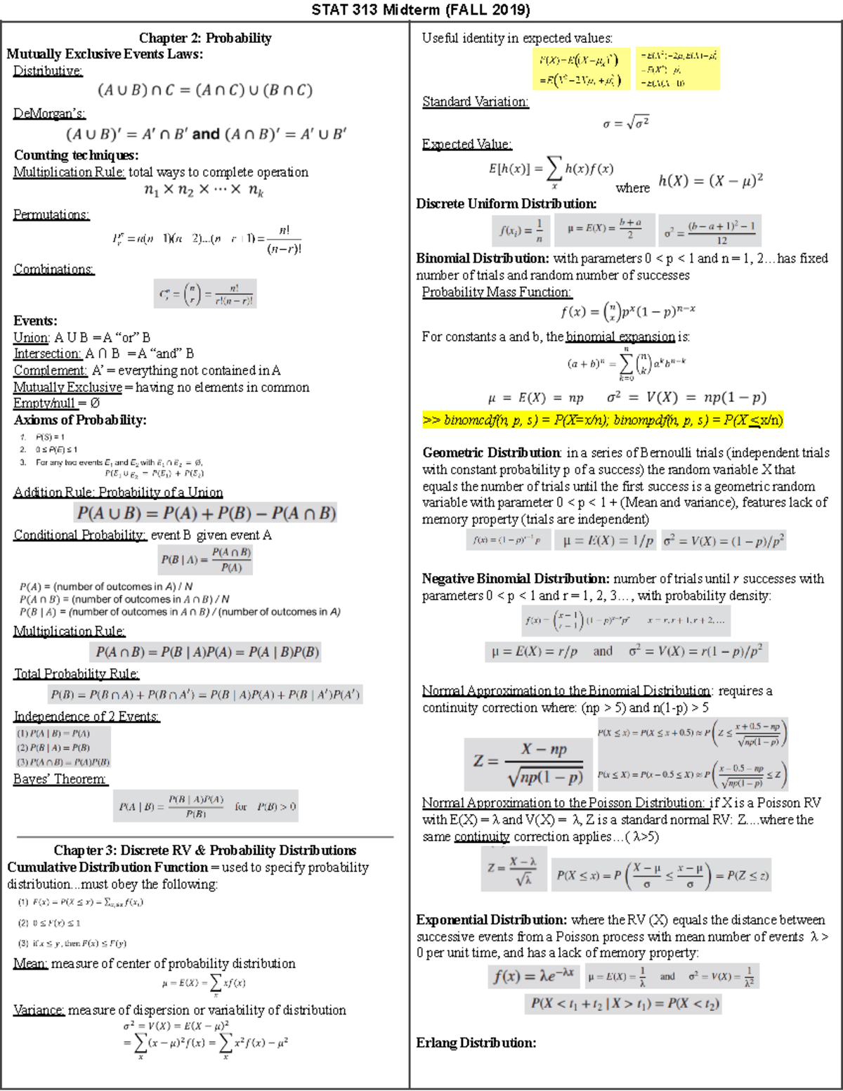 STAT 313 Midterm Cheat Sheet + include Chapter 3 Column Perimeters ...