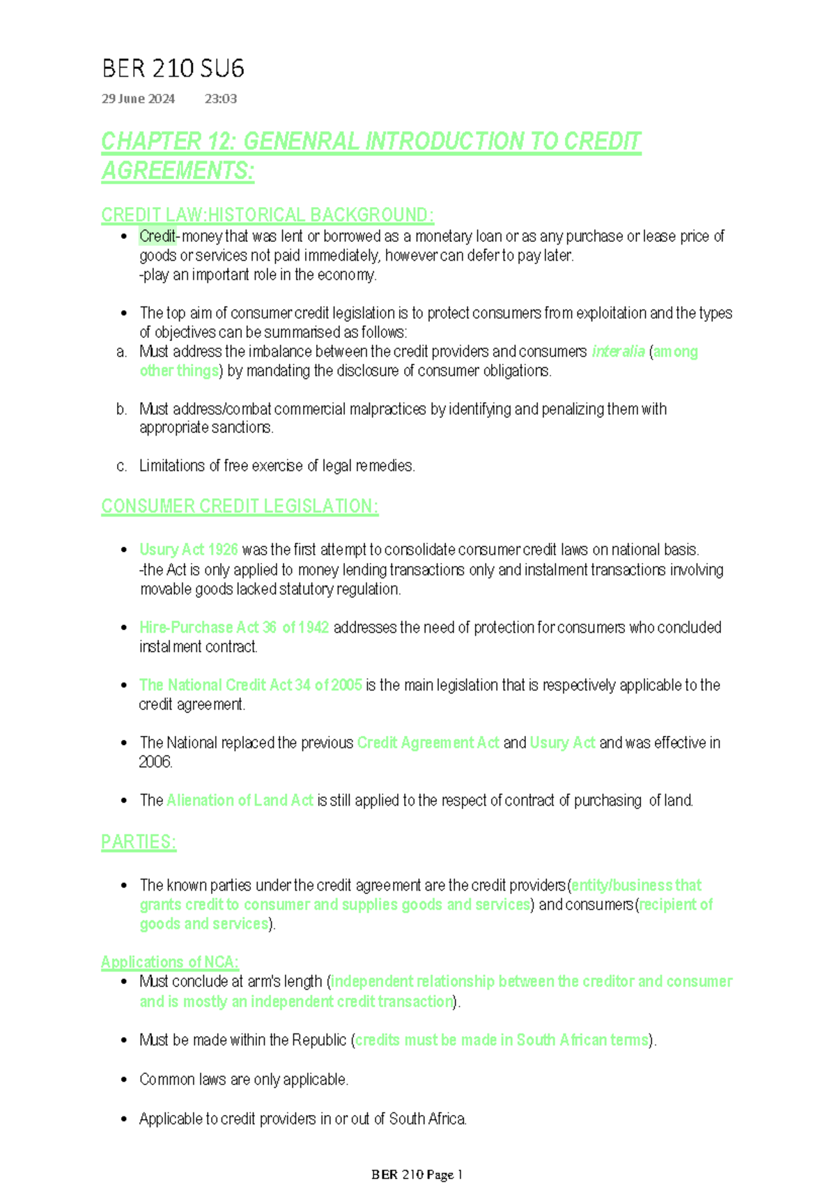 General introduction to Credit Agreements (chapter 12) - CHAPTER 12 ...
