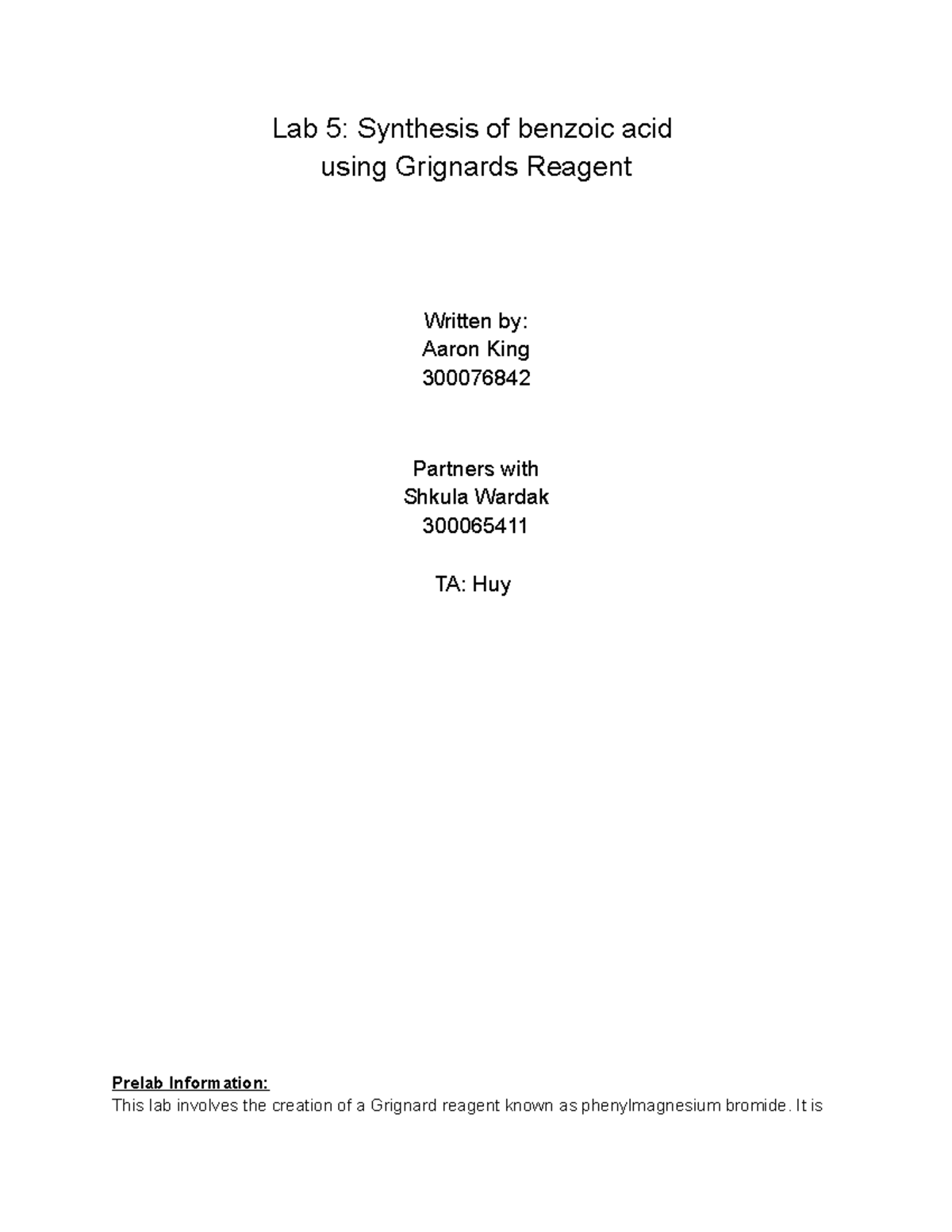 Lab 5 Synthesis of benzoic acid - Lab 5: Synthesis of benzoic acid ...